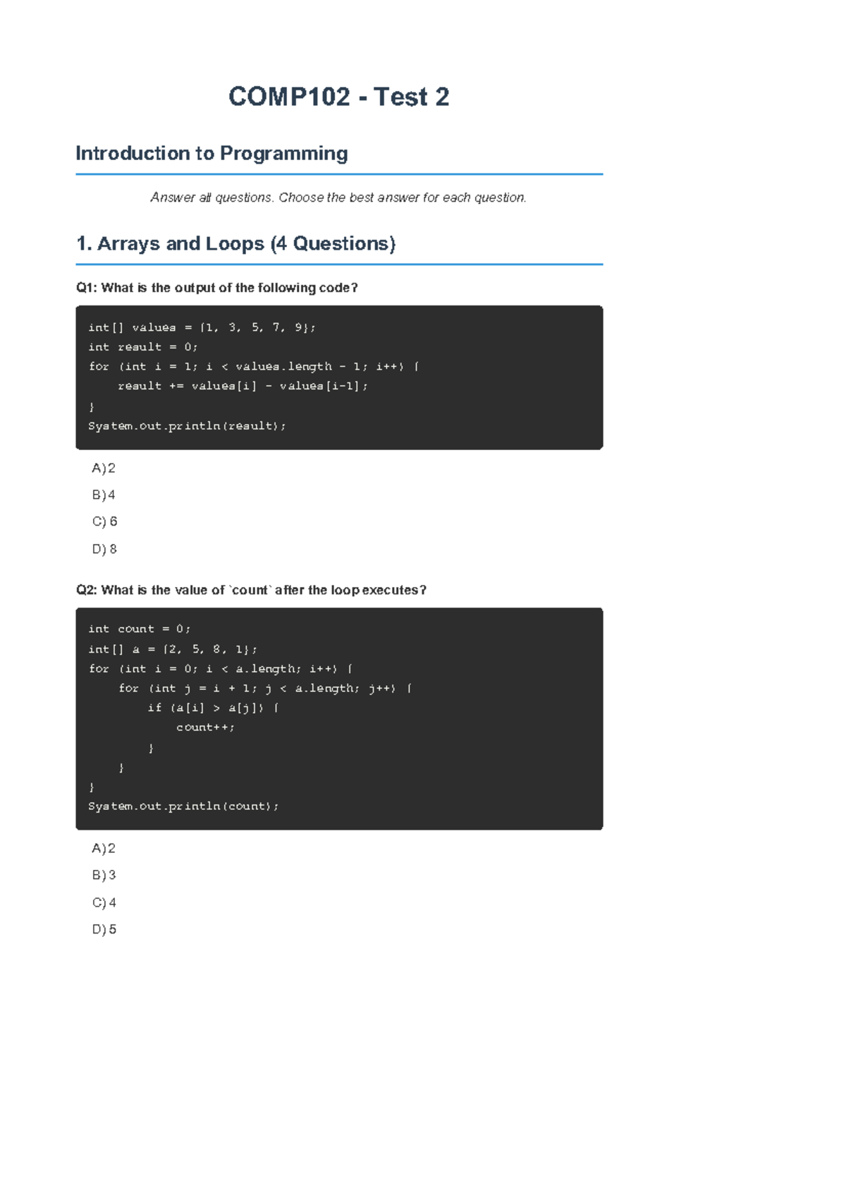 COMP102 Test 2: Intro to Programming Questions & Answers - Studocu