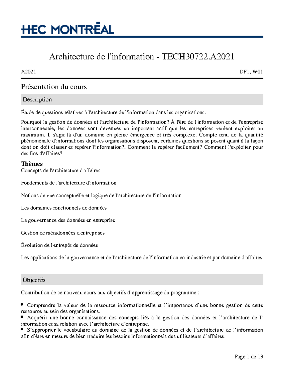 Plan du cours - Architecture de l'information - TECH30722.A - Studocu