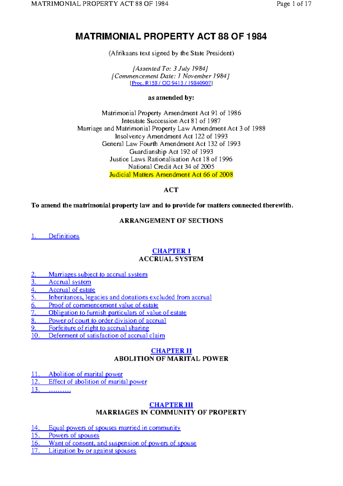 Matrimonial Property ACT 88 of 1984: Comprehensive Legal Overview - Studocu
