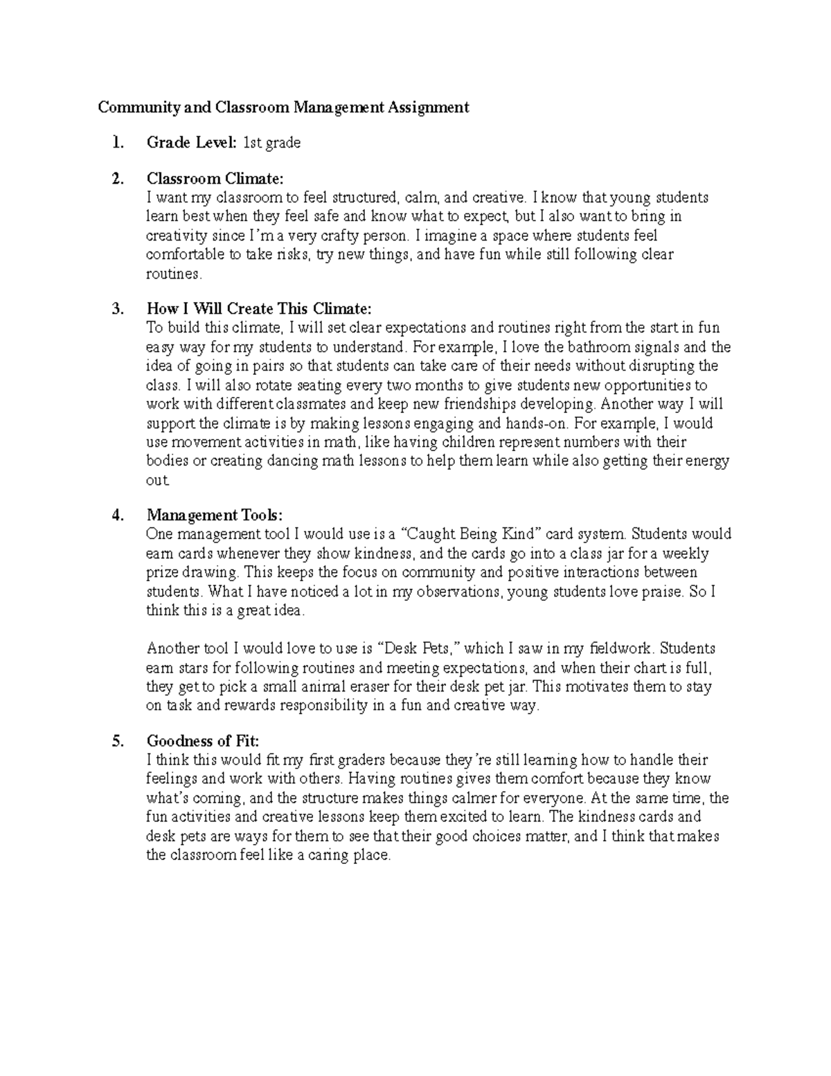 Community & Classroom Management Assignment 1: 1st Grade Strategies ...
