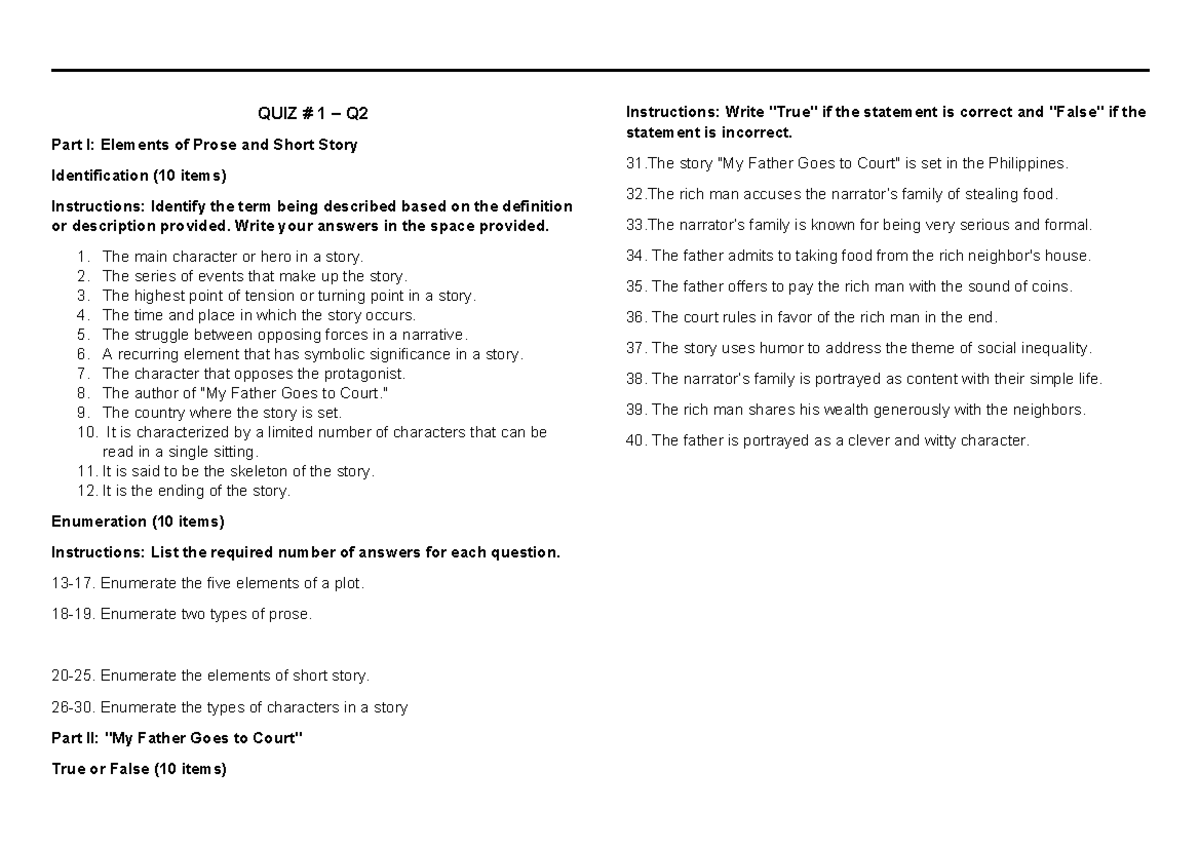 Quiz on Elements of Story - Course Code: ENG101 - Studocu