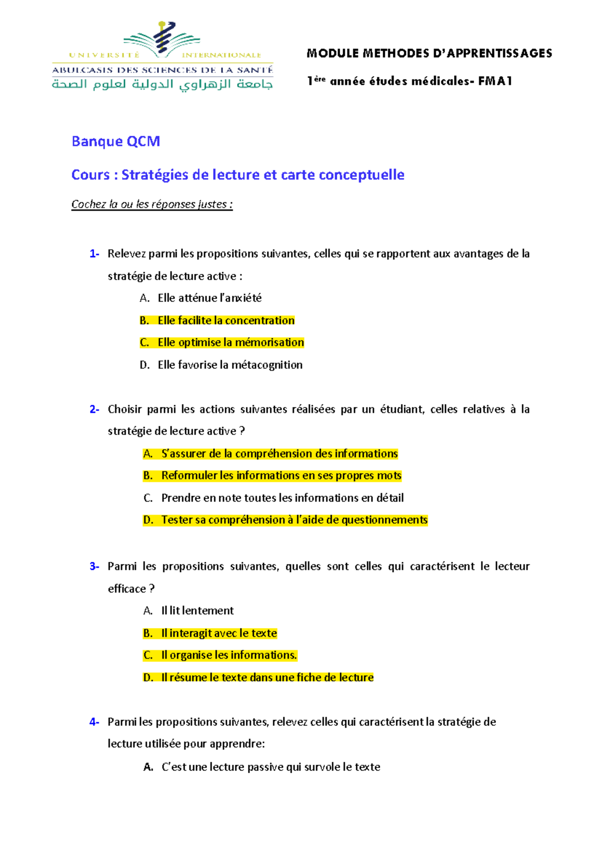 Banque QCM strat gies de lecture carte conceptuelle Pr Thimou - Banque QCM Cours : Stratégies de ...