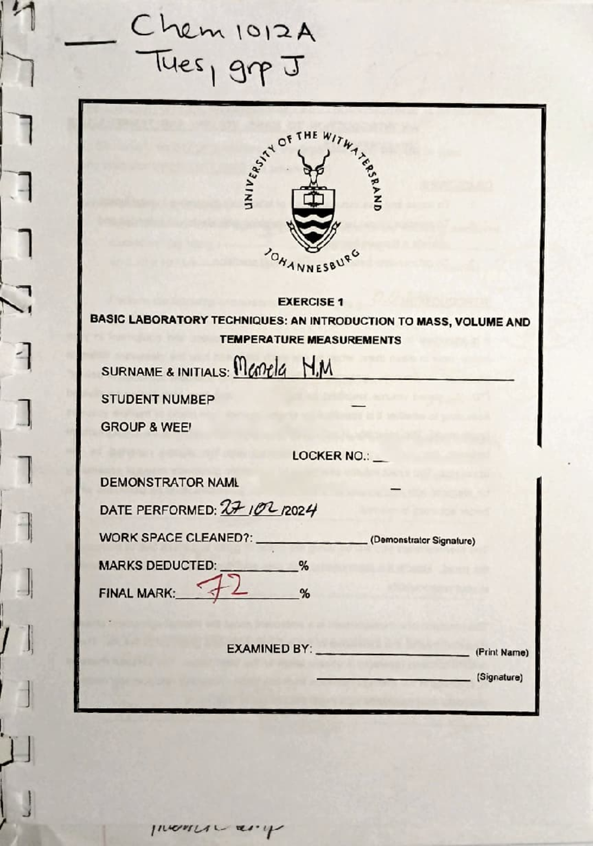 Lab Report for Chem 912A - Introduction to Basic Laboratory Techniques ...