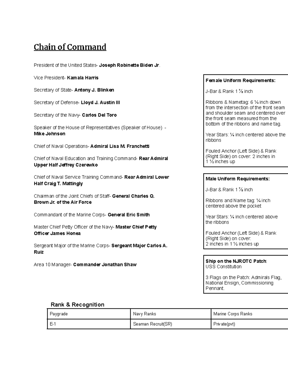 NJROTC Reference Guide: Ranks, Insignia, and General Orders - Chain of ...