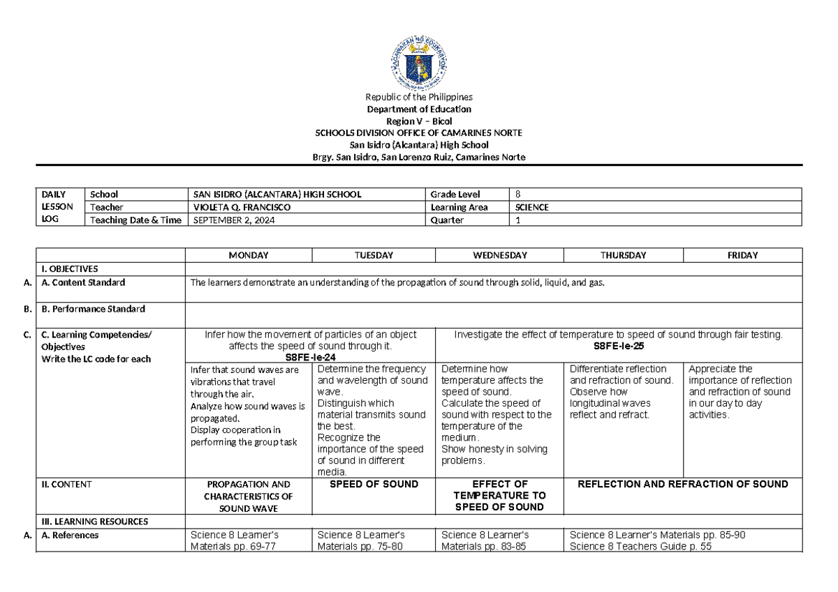 8th Grade Science Daily Lesson Log - Propagation of Sound Waves - Studocu