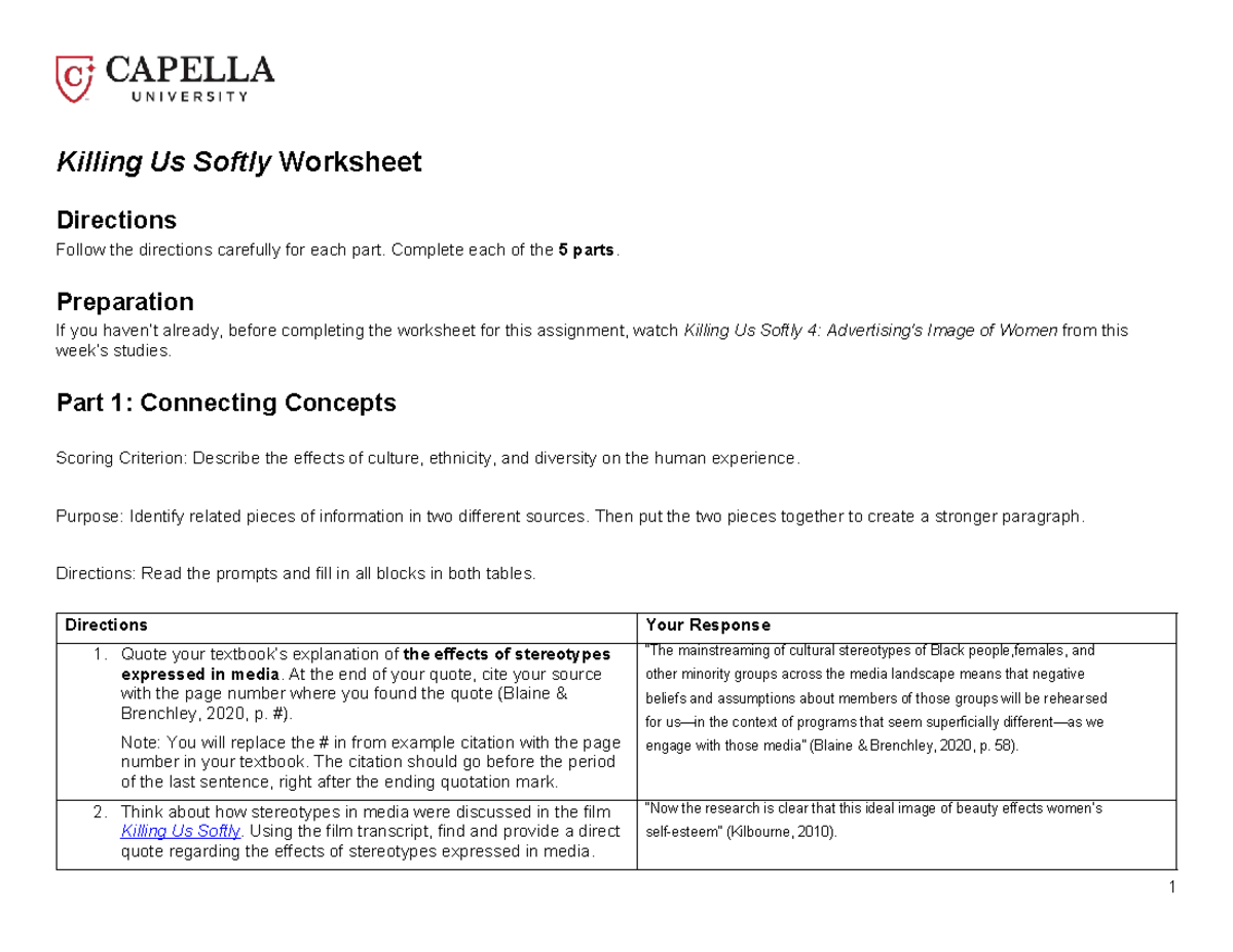 Killing Us Softly 4: Media Stereotypes & Diversity Worksheet - Studocu