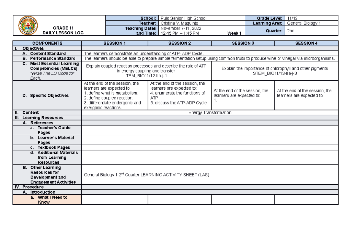 Q2W1-DLL-Grade 11 General Biology 1 Daily Lesson Log - Studocu
