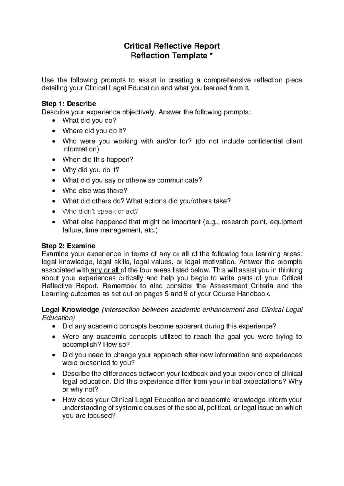 Reflection Template for BPC LLM Critical Report on Clinical Education ...