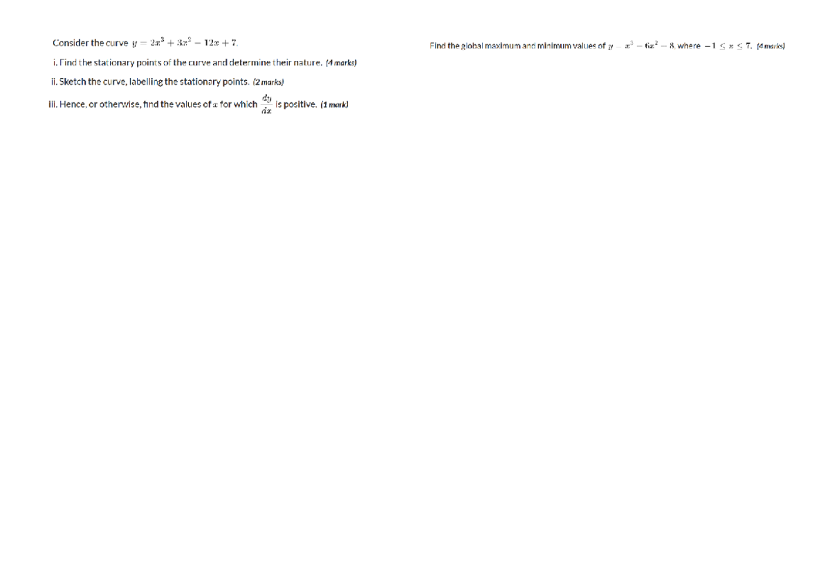 Curve Sketching with the Derivative HSC Questions (MATH101) - Studocu