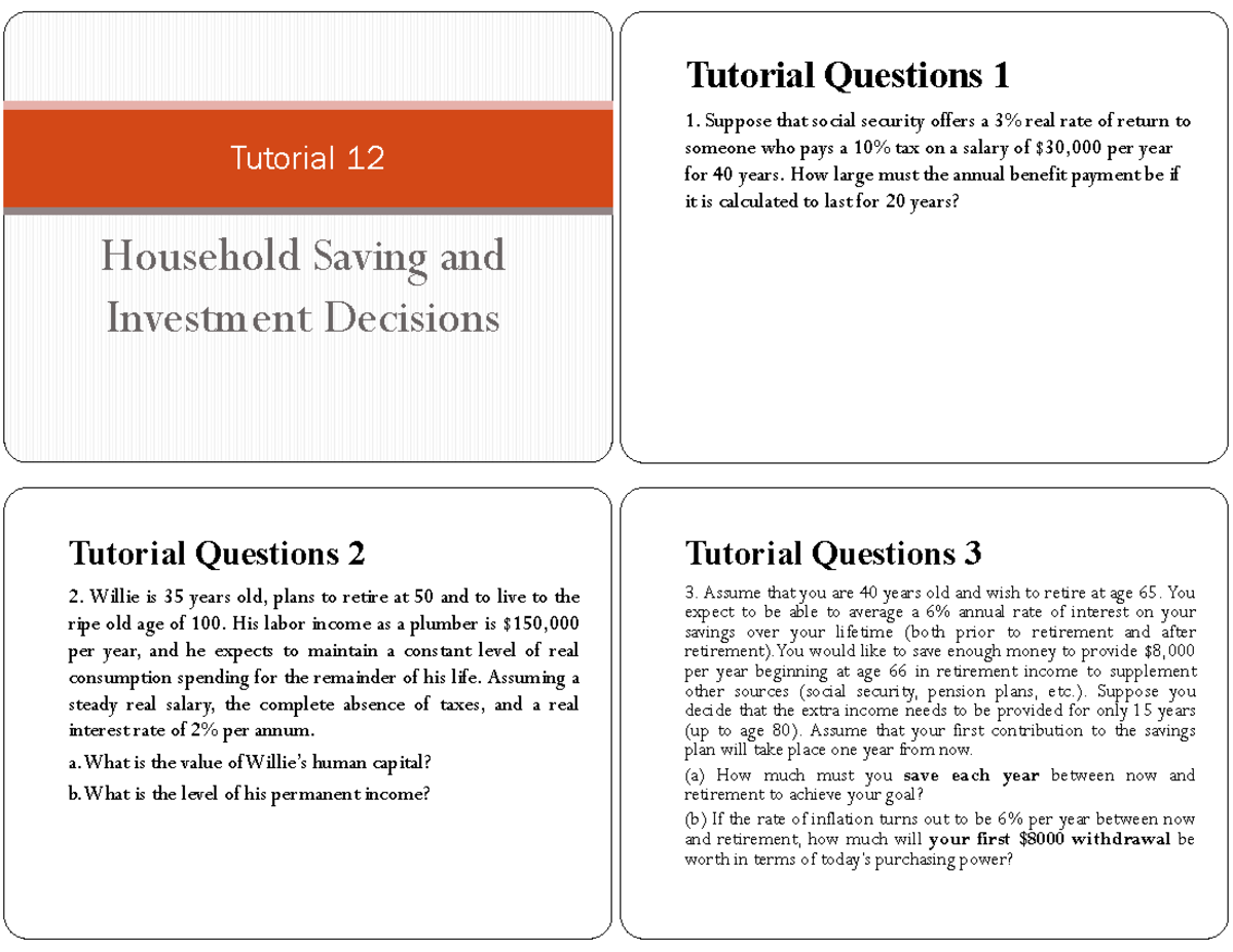 Finance Tutorial Questions 1-2: Saving & Investment Decisions - Studocu