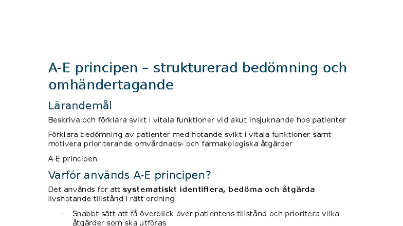 A-E Principen för Bedömning och Behandling av Vitala Funktioner - Studocu