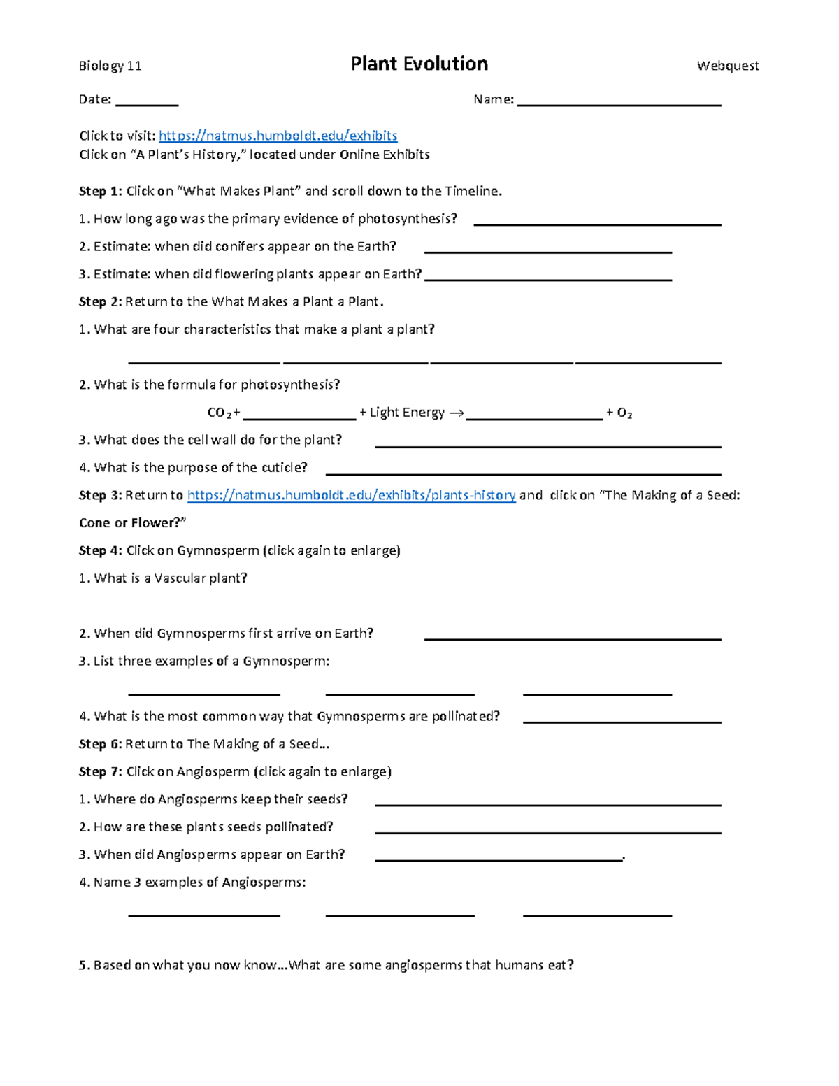 Plant Evolution Webquest - Biology 11 Study Guide - Studocu