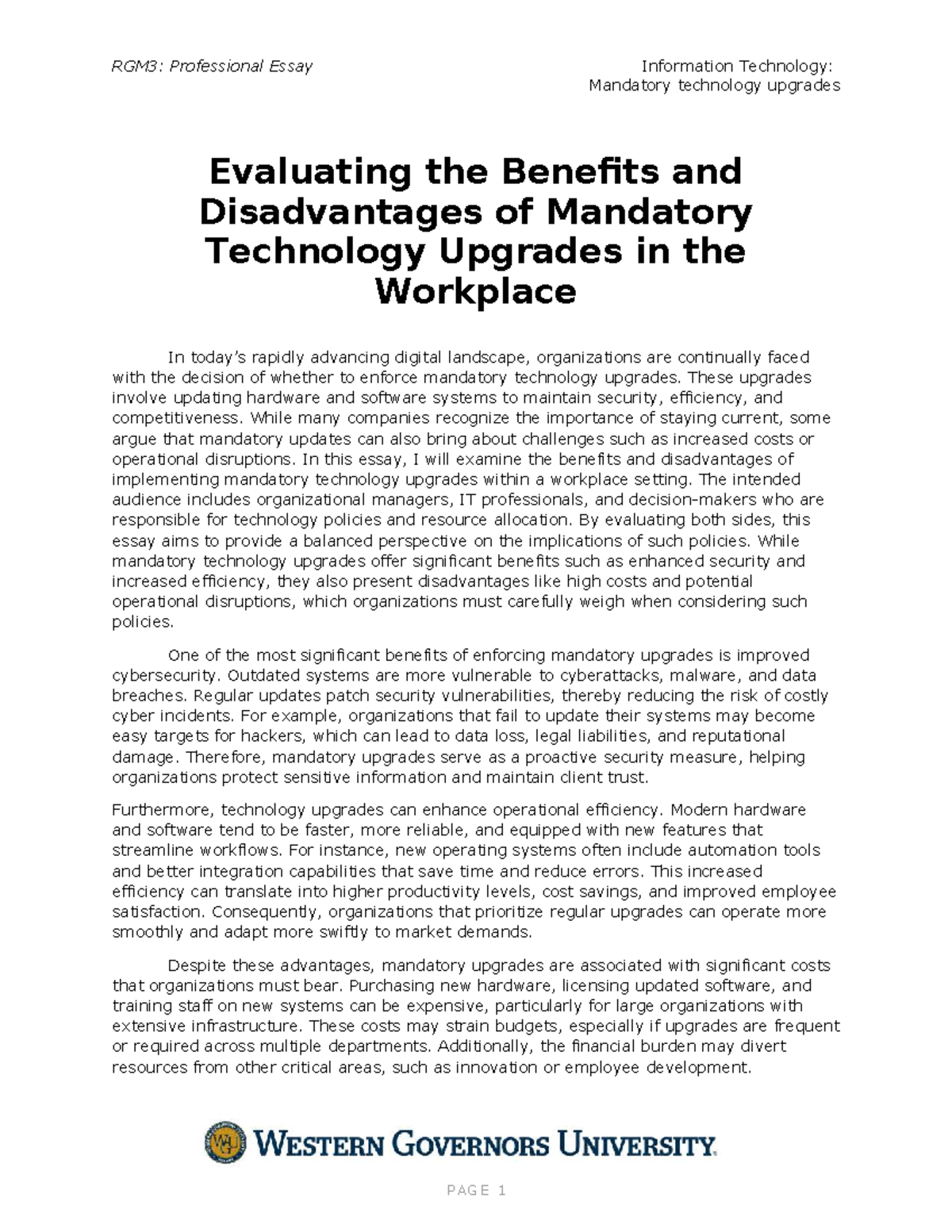 RGM3: Essay on Benefits & Disadvantages of Mandatory Tech Upgrades - Studocu