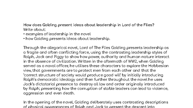 Lord of the Flies (ENG101) - Leadership Analysis Essay - Studocu