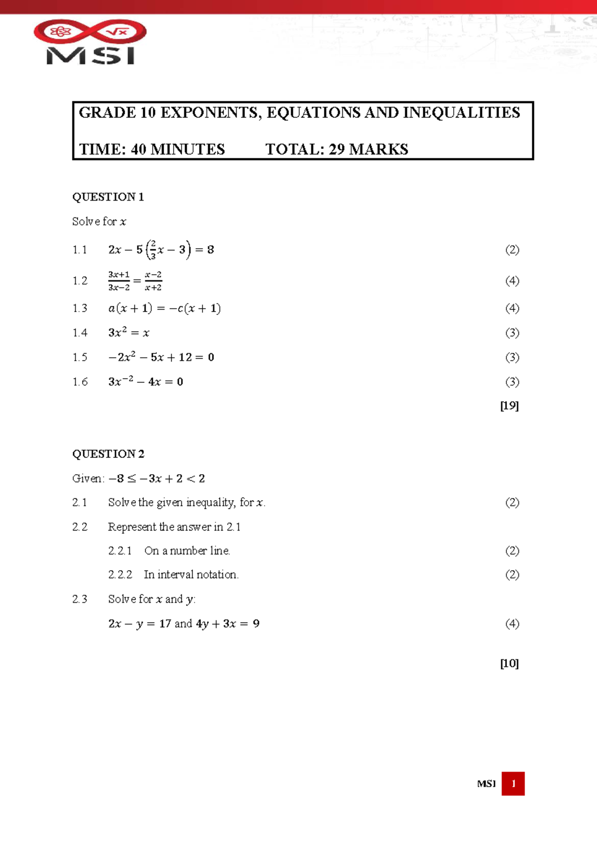 Grade 10 Exponents, Equations and Inequalities Test 2 - MSI 1 GRADE 10 ...