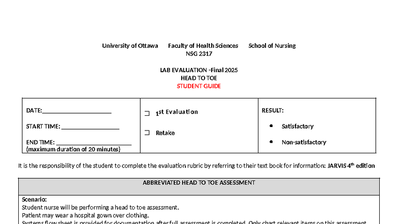 NSG 2317 Lab Evaluation: Head to Toe Assessment Guide 2025 - Studocu