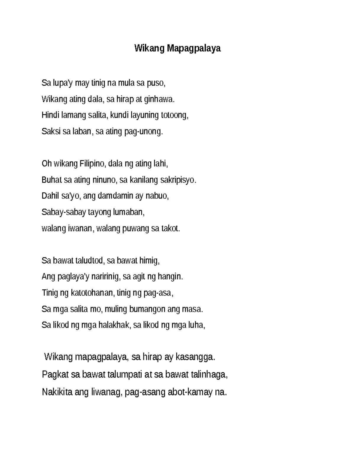 Wikang Mapagpalaya: Tula para sa Baitang 3 at 4 - Studocu