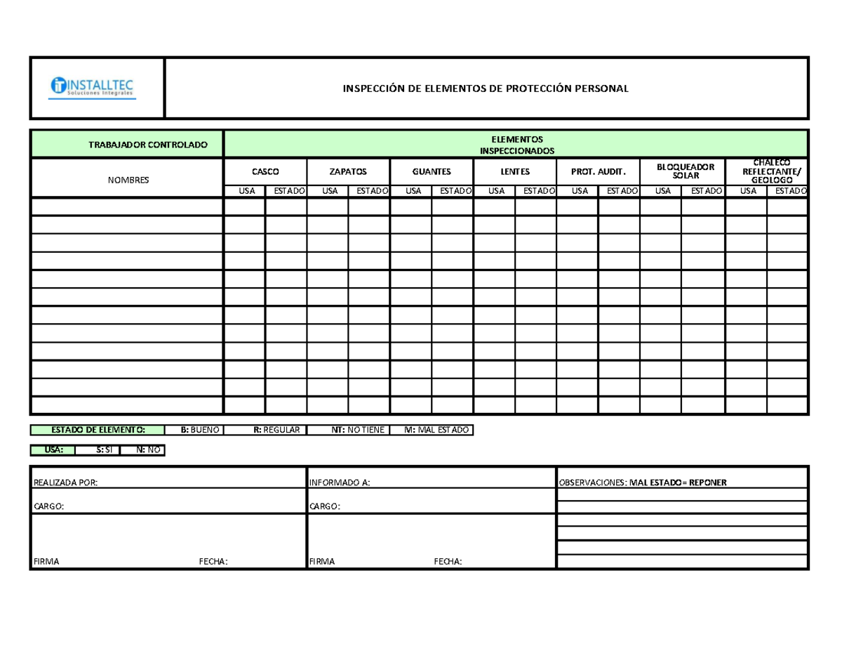 Check list EPP - INSPECCIÓN DE ELEMENTOS DE PROTECCIÓN PERSONAL ...