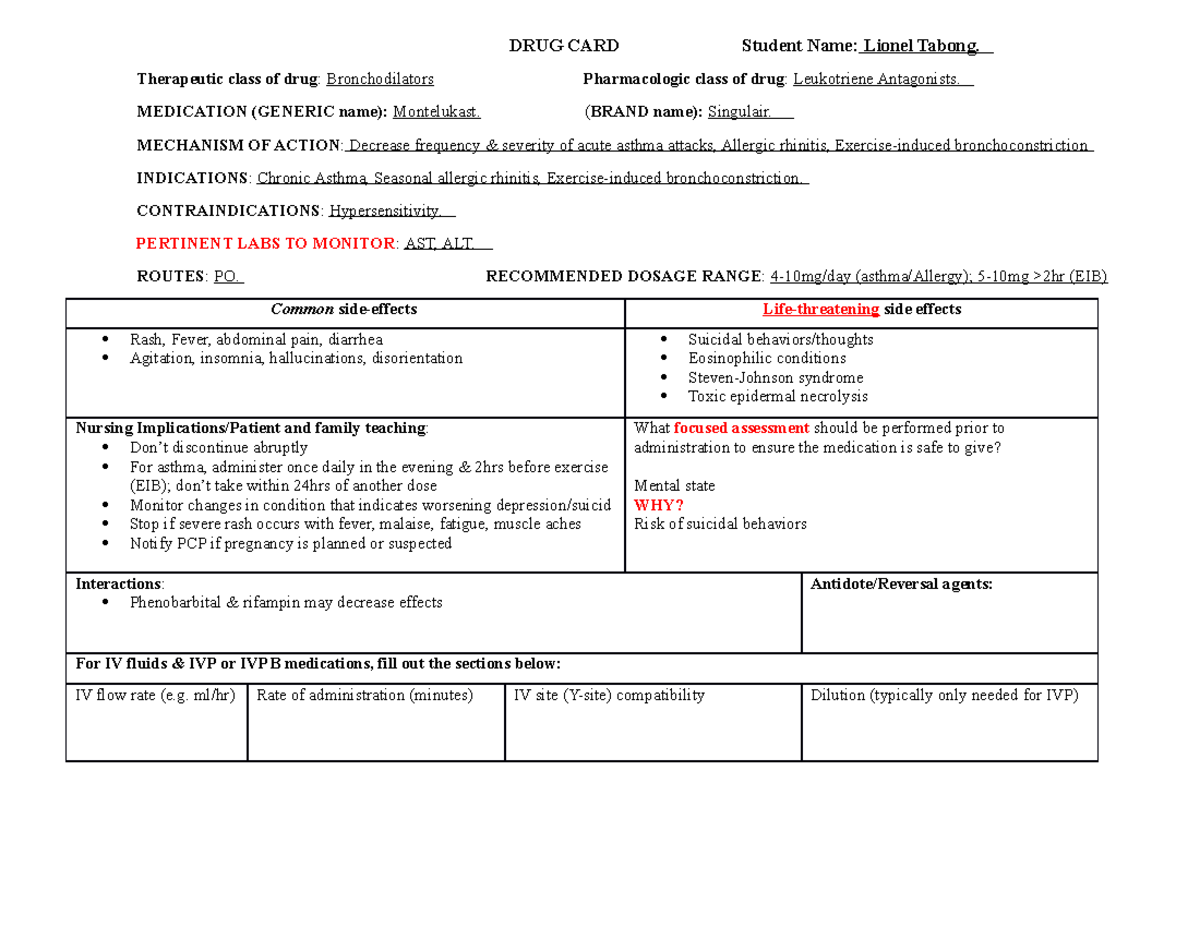 Montelukast (Singulair) Drug Card for Asthma Management - Studocu