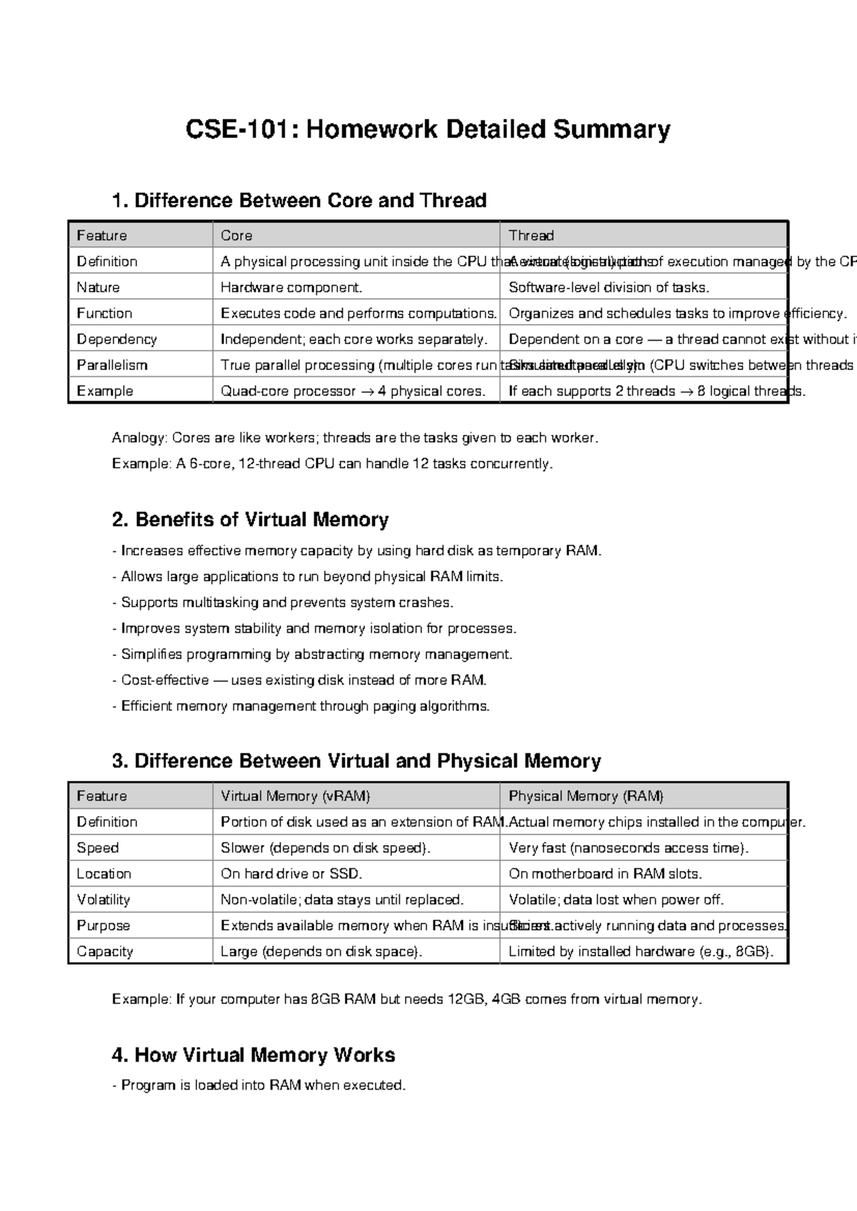CSE101 Homework Summary: Core vs. Thread & Virtual Memory Insights ...