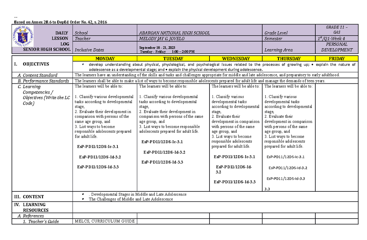 DLL Perdev- WEEK 4 - daily lesson log sample - Based on Annex 2B to ...