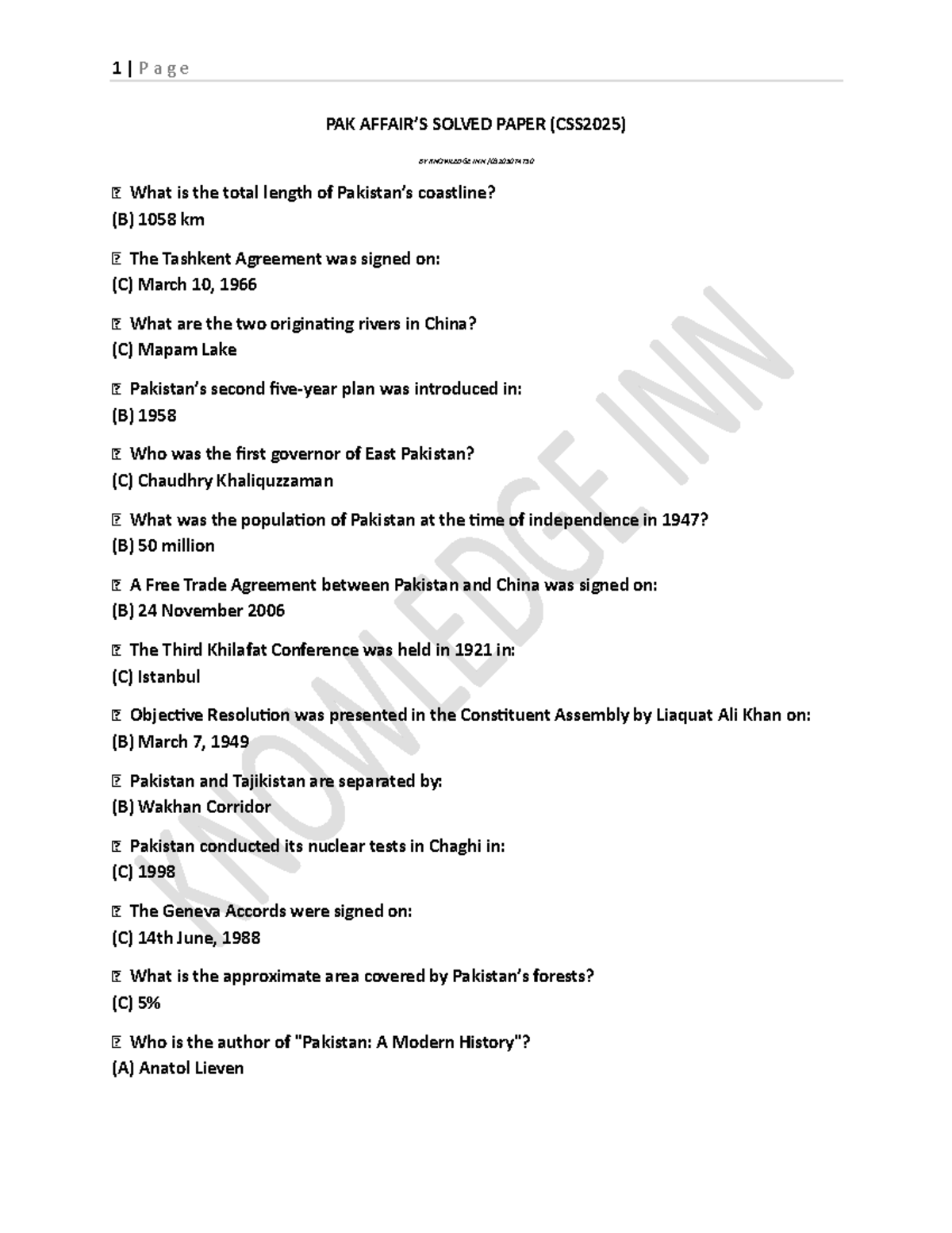 PAK AFFAIRS SOLVED PAPER - KEY QUESTIONS & ANSWERS (CSS2025) - Studocu