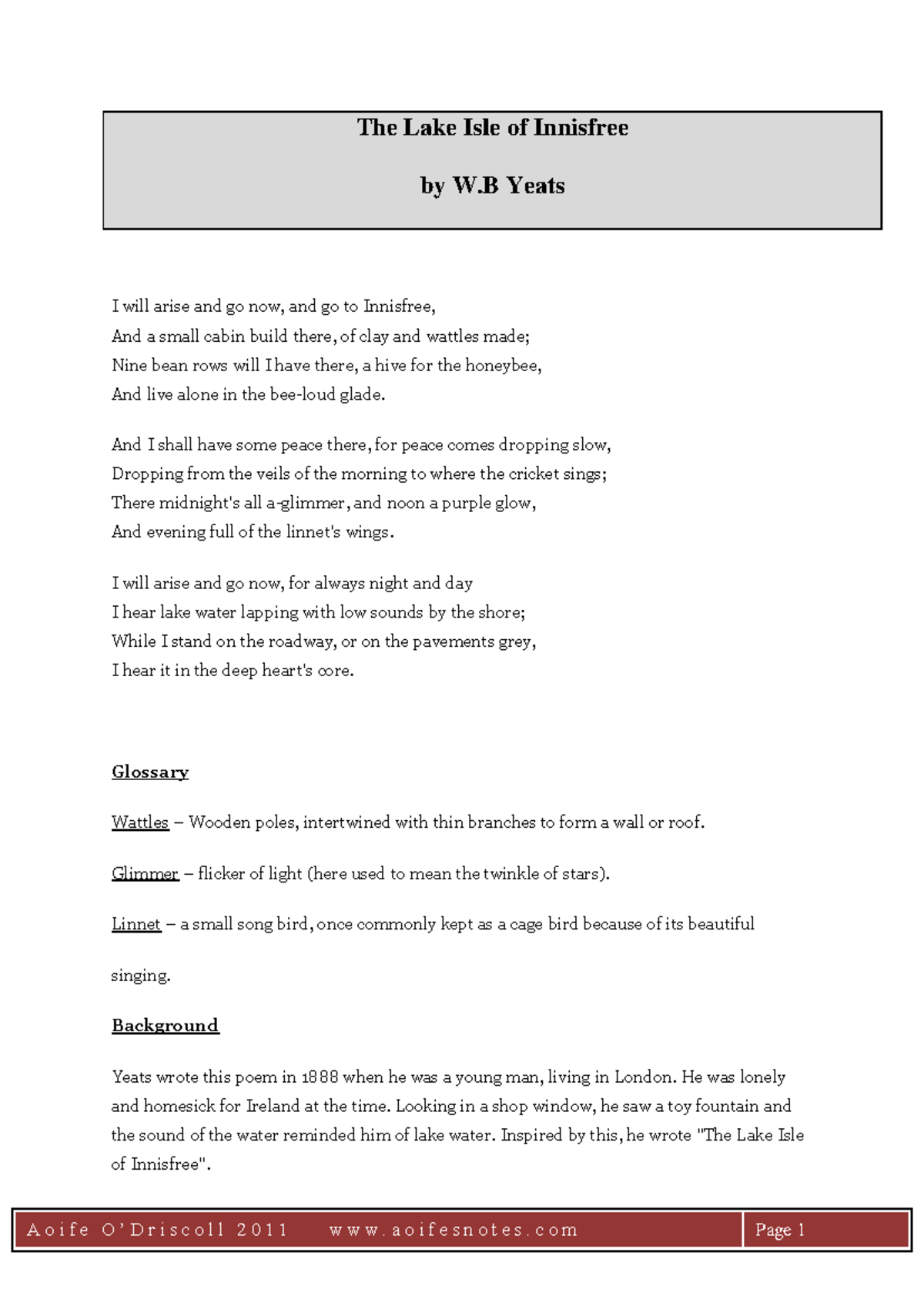 The Lake Isle of Innisfree (W.B. Yeats) - Study Notes - Studocu