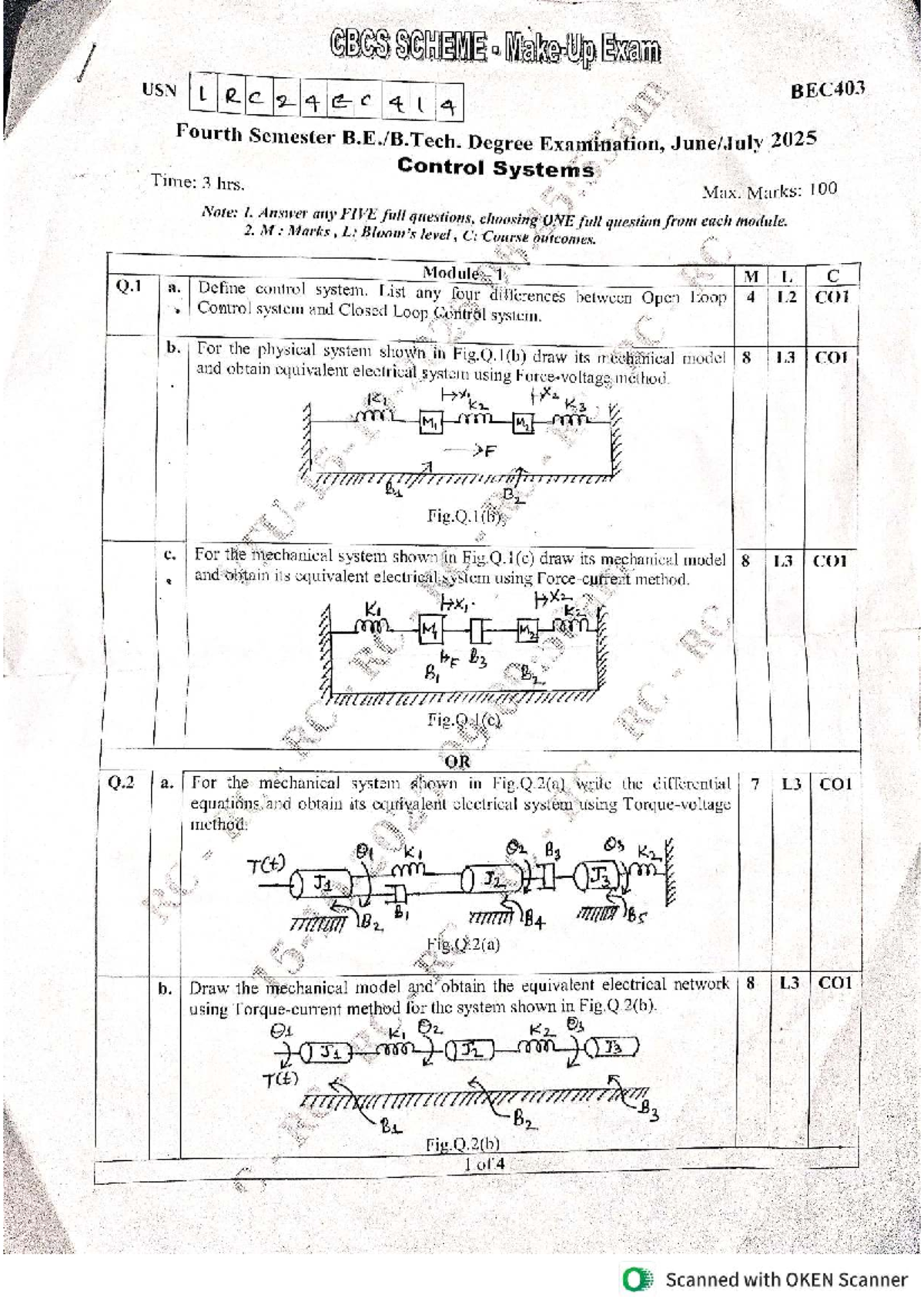BEC403 Fourth Semester Control Systems Make Up Exam 2025 - Studocu