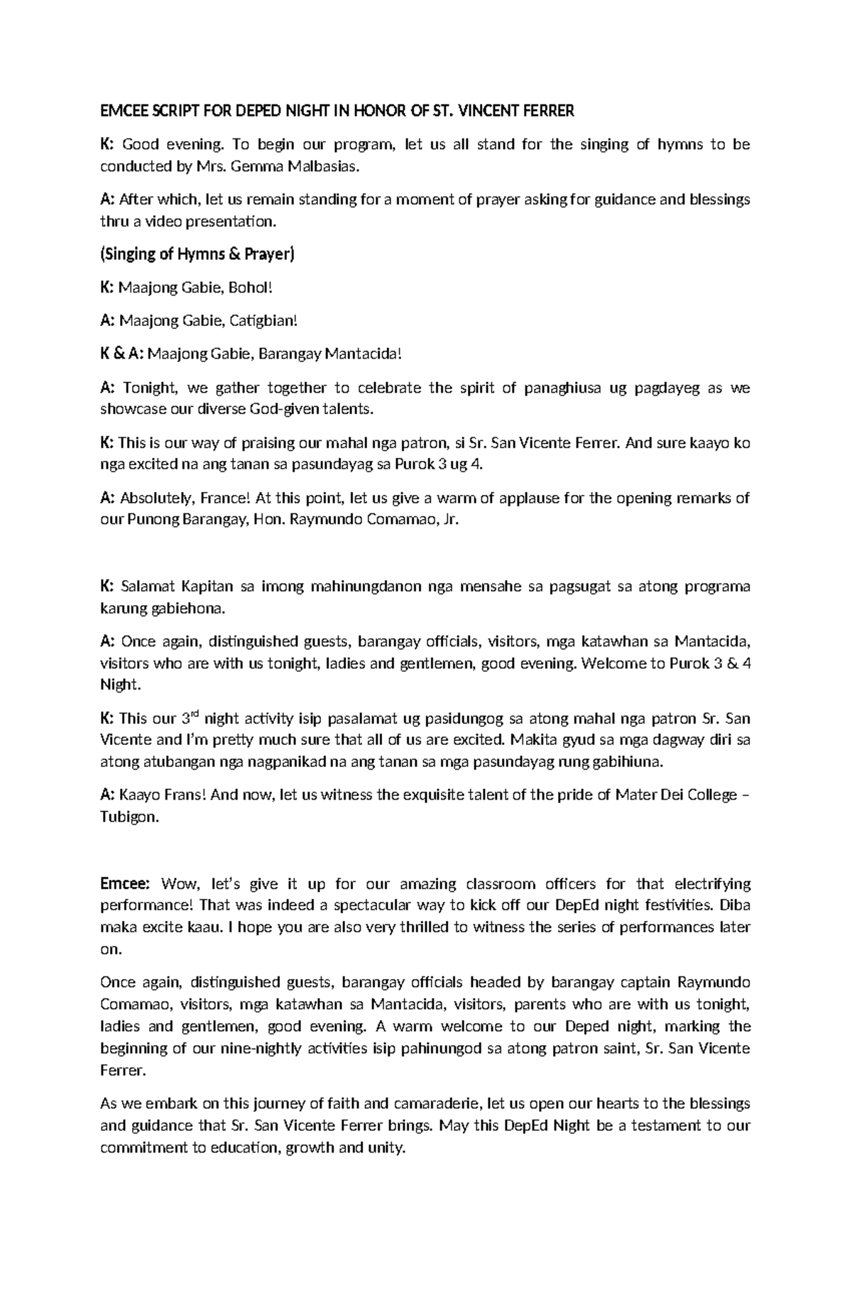 Emcee Script for DepEd Night Celebration - St. Vincent Ferrer - Studocu