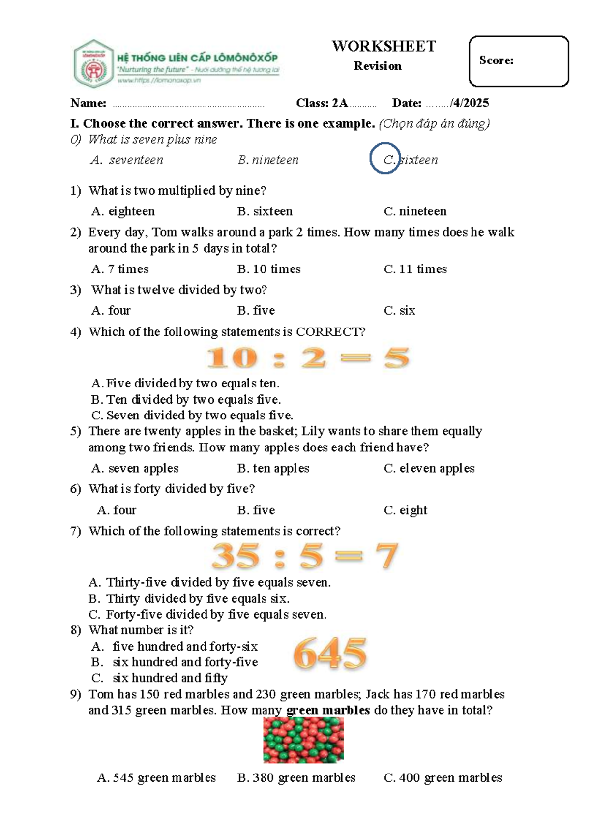 Worksheet for Math Revision 2A - Practice Questions - Studocu