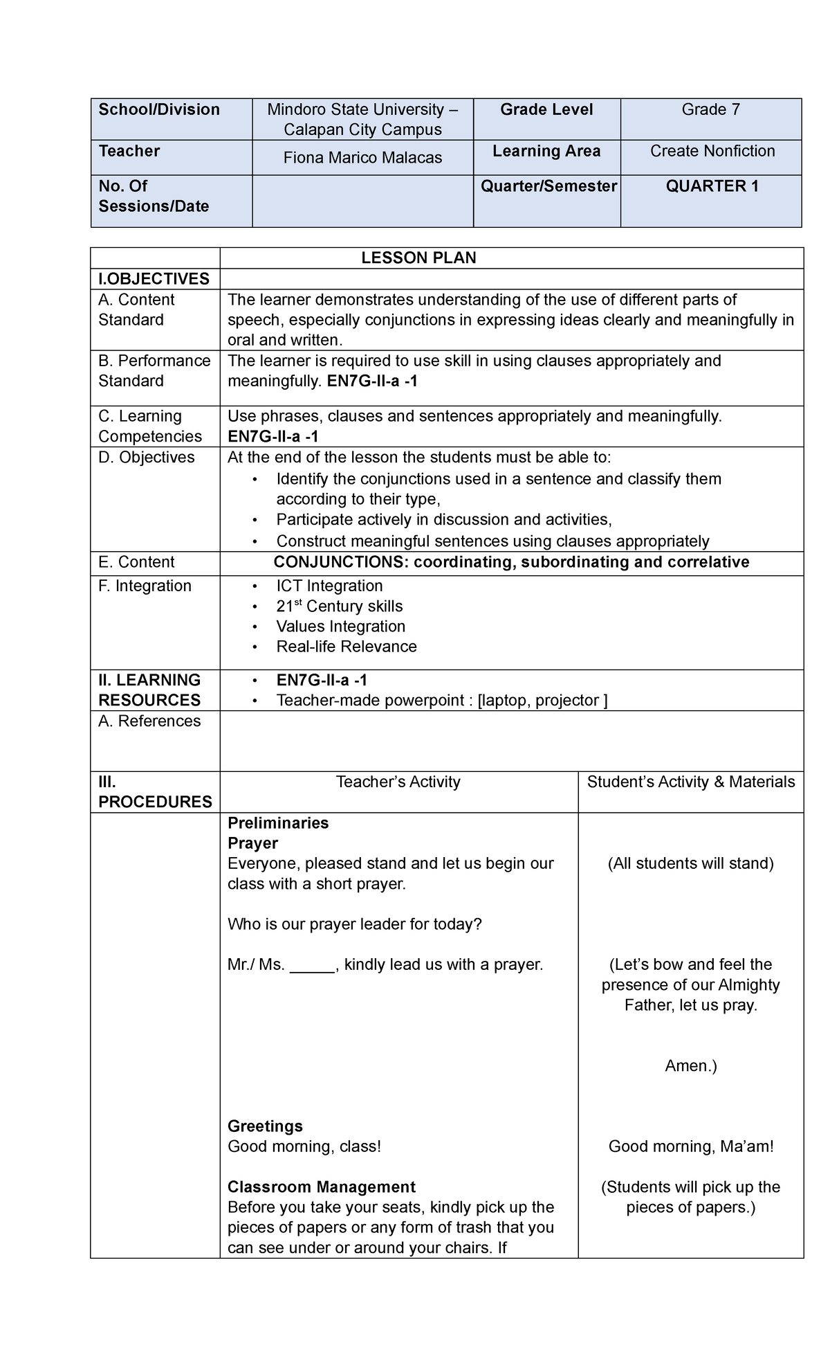 Grade 7 Lesson Plan: Understanding Conjunctions and Clauses - Studocu