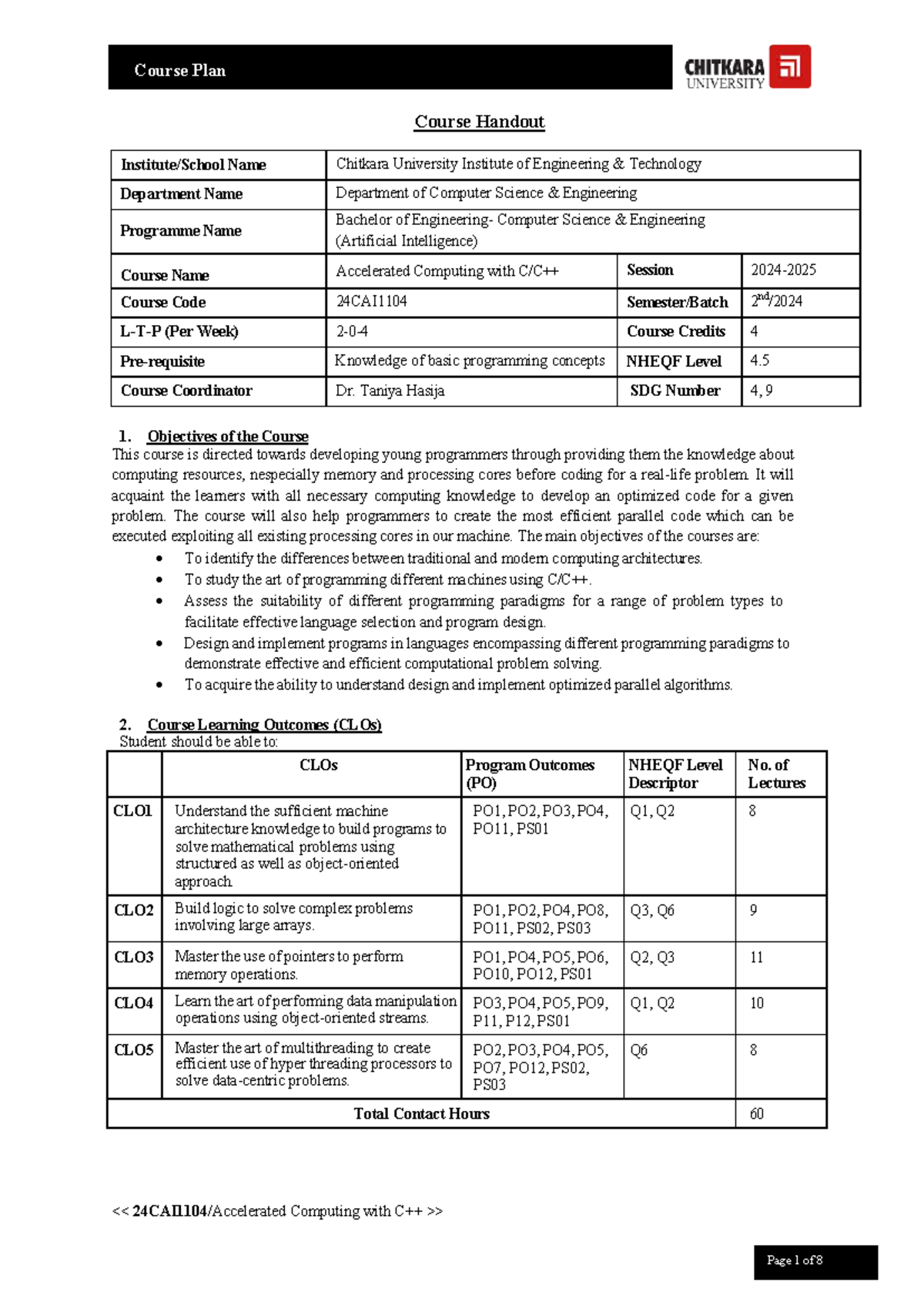Course Plan for Accelerated Computing (24CAI1104) - Chitkara University ...