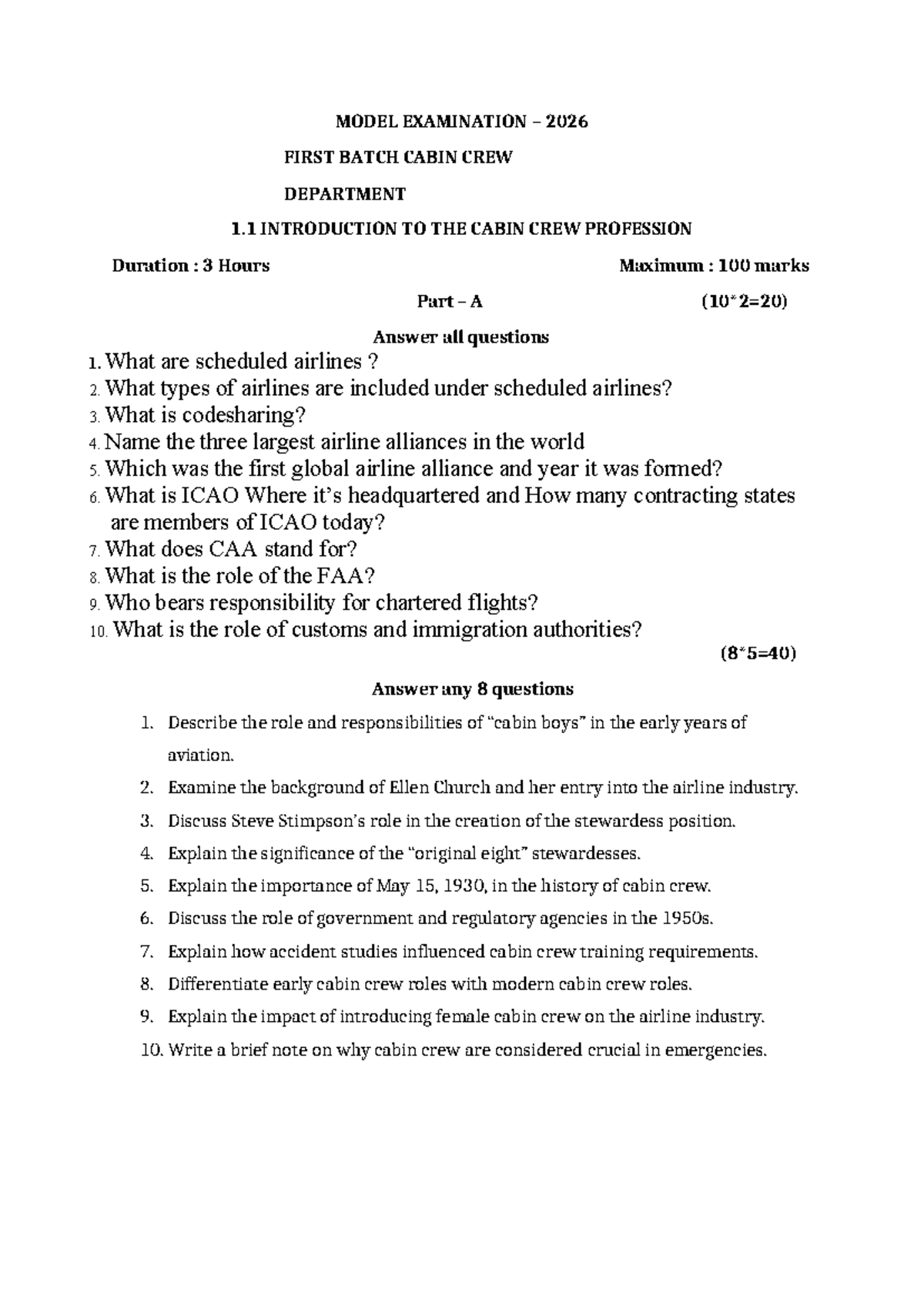 MODEL EXAM 2026 CABIN CREW DEPT - INTRO TO CABIN CREW PROFESSION - Studocu