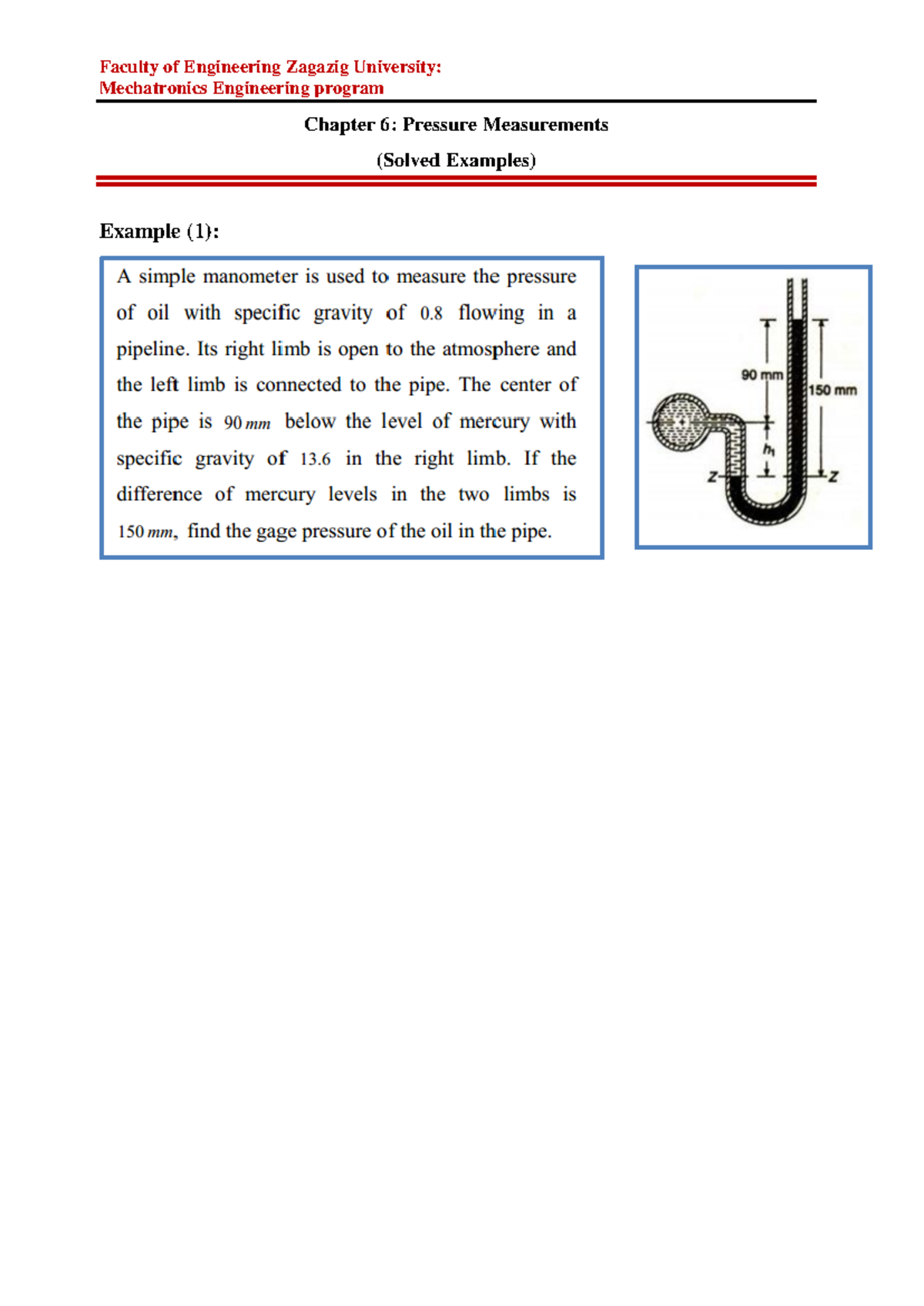 Solved Examples: Pressure Measurements (Chapter 6, MECH 101) - Studocu