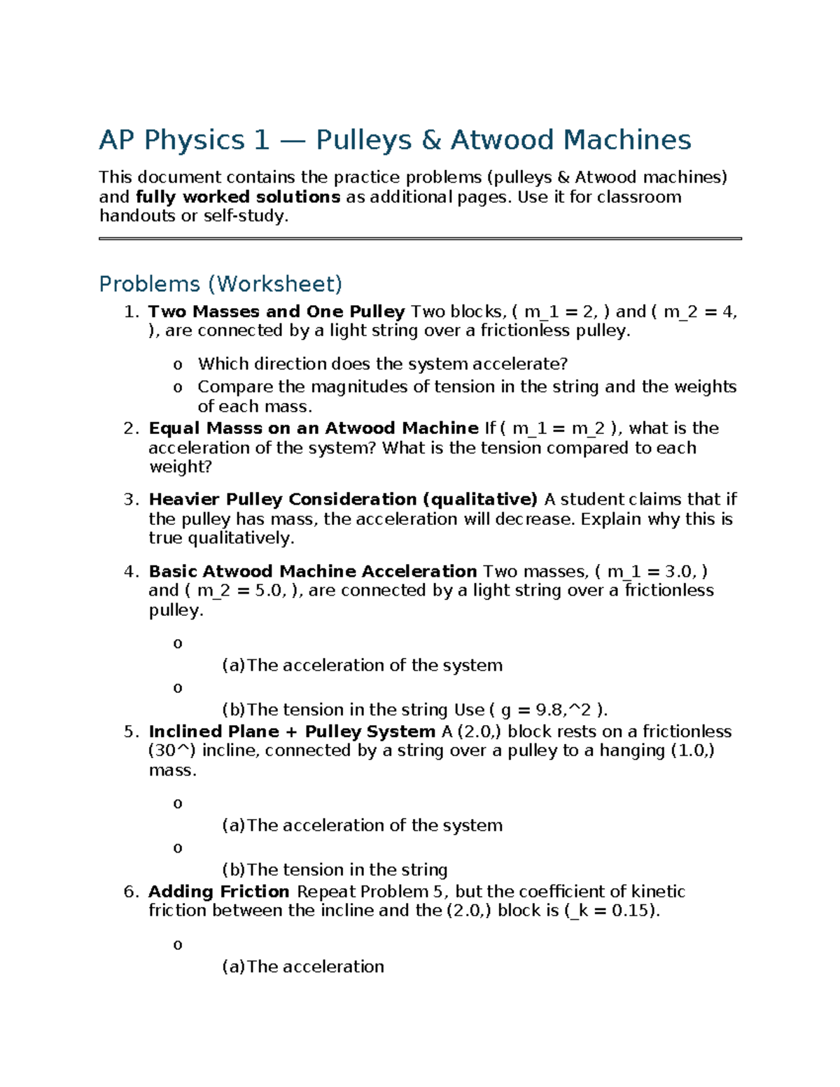 AP Physics 1: Pulleys and Atwood Machines - Problems & Solutions - Studocu
