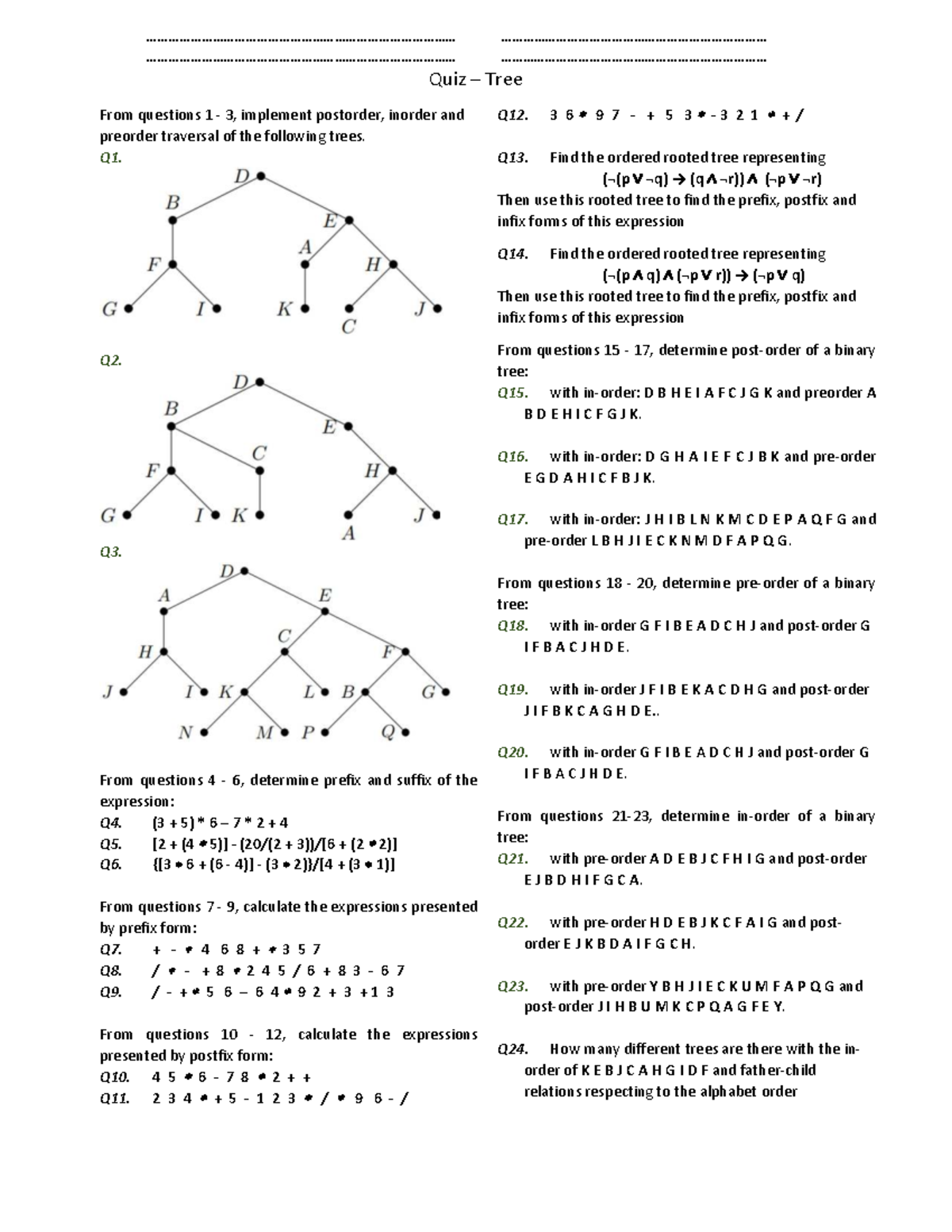 Quiz: Binary Tree Traversals and Expressions (CS101) - Studocu