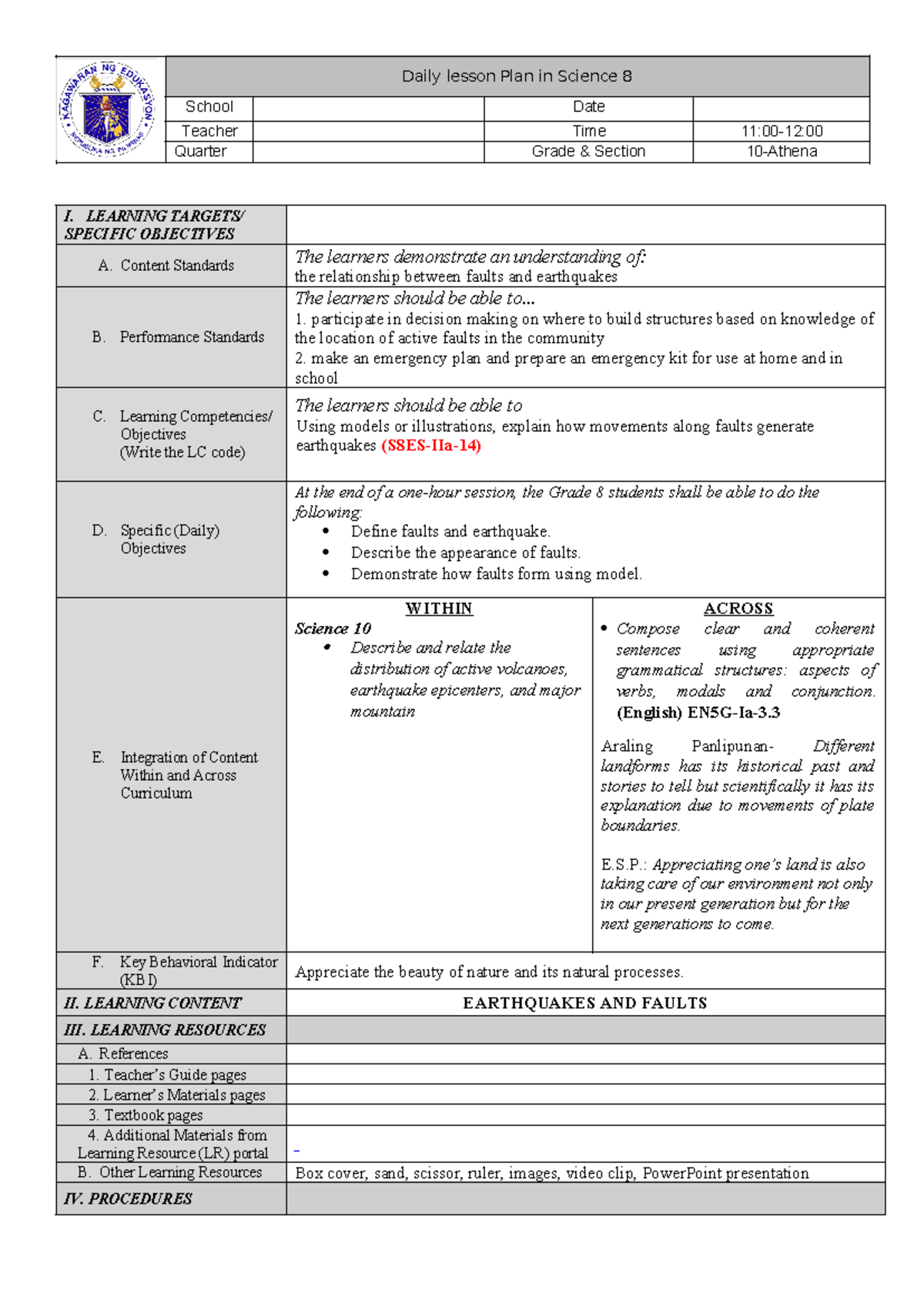 SCI8 Q2D3-4 Earthquakes & Faults - Daily lesson Plan in Science 8 ...