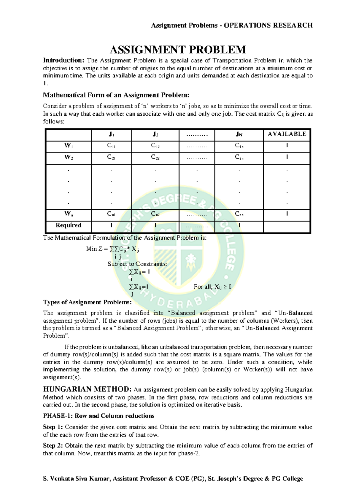 Assignment Problems - Analyzing Operations Research Techniques - Studocu