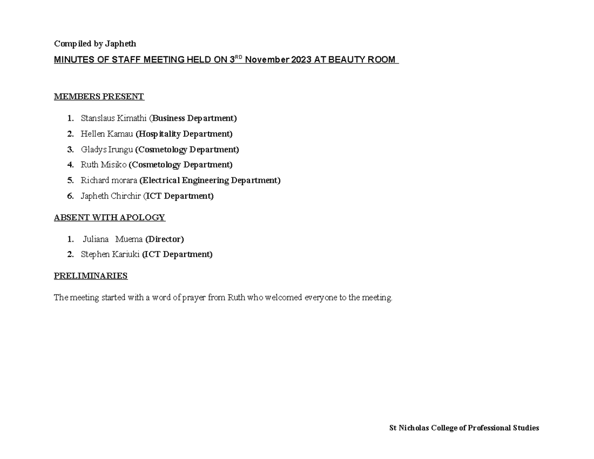 Staff Meeting Minutes - November 3, 2023 - Studocu