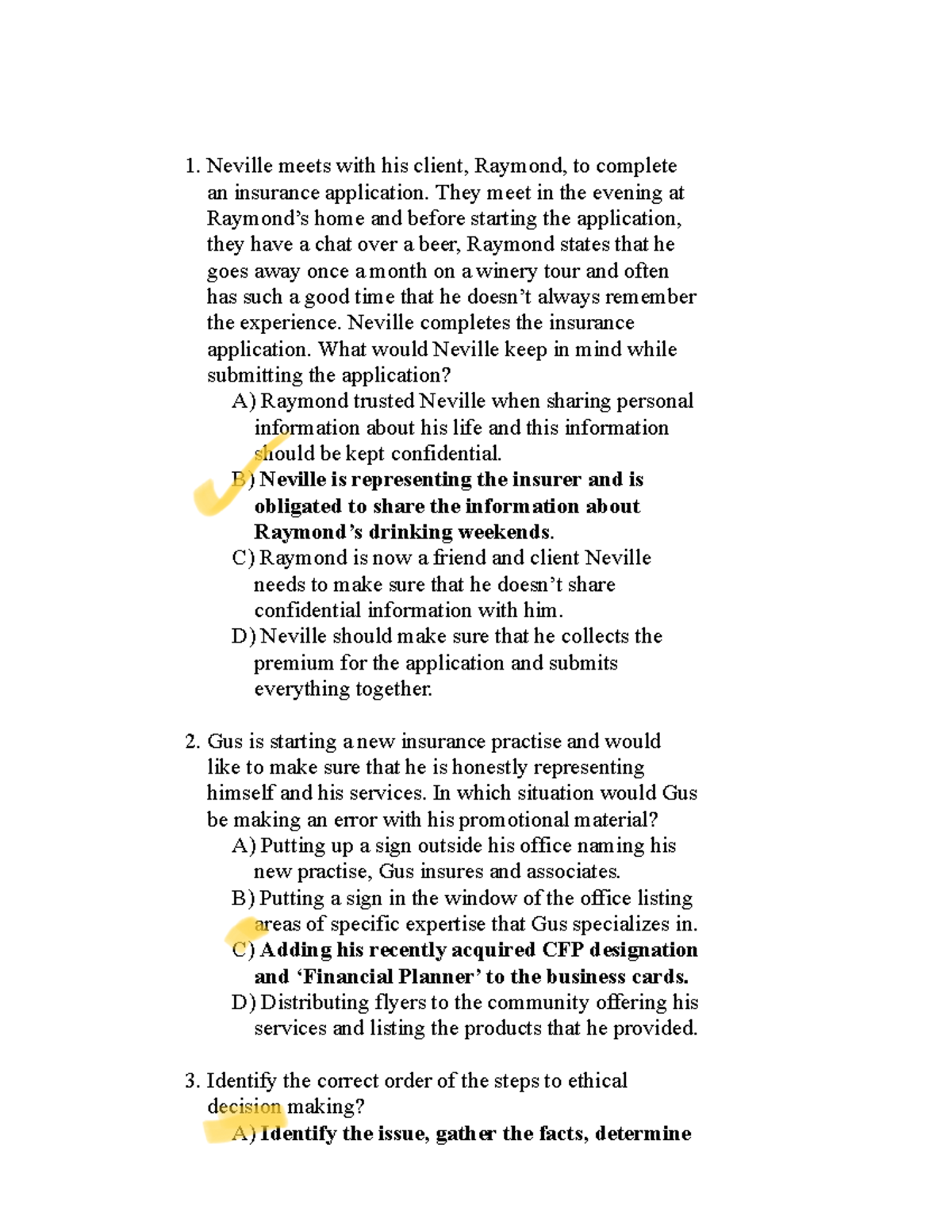 Ethics Cert Q&A - Quiz - Neville meets with his client, Raymond, to ...