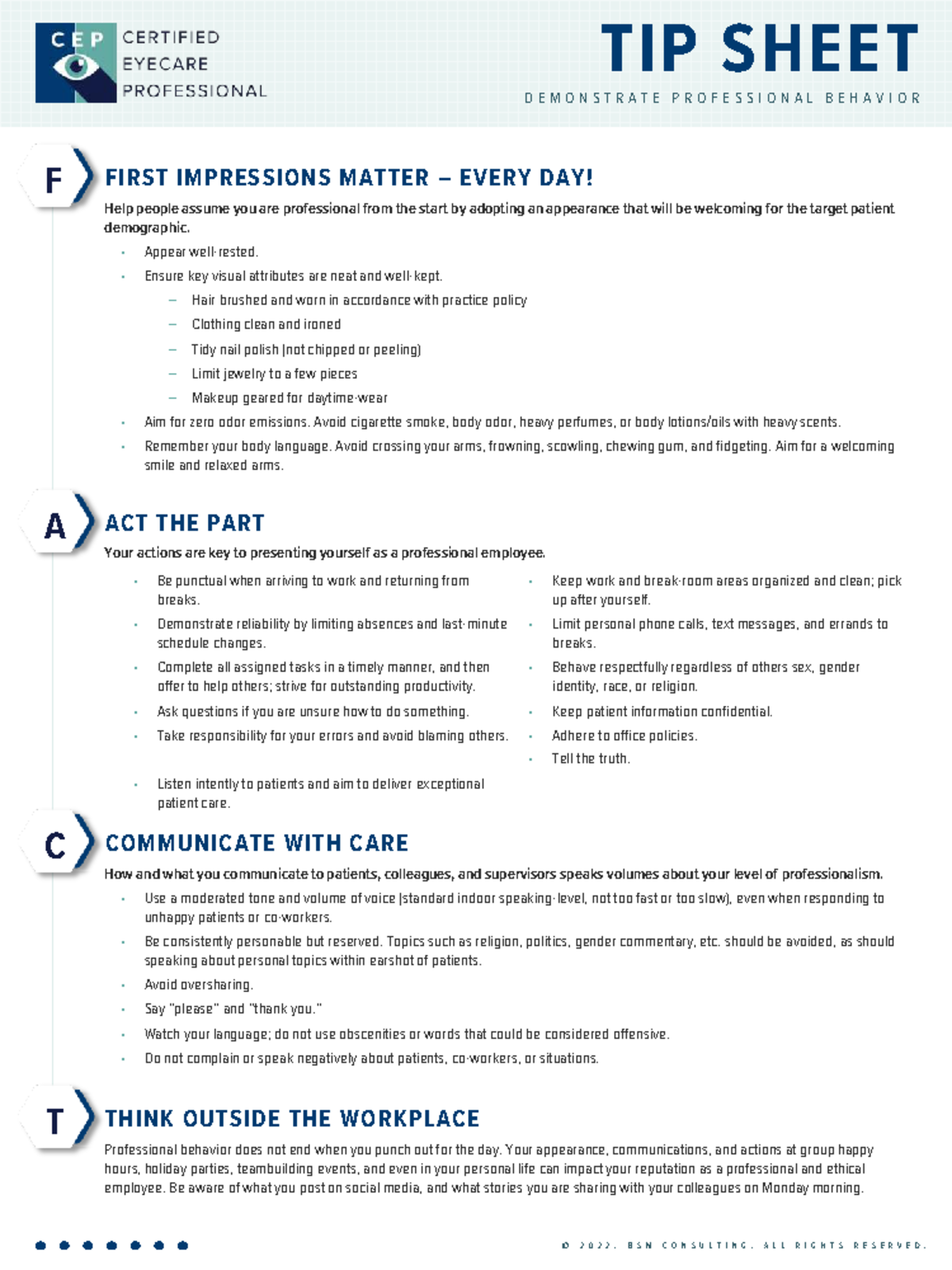 CEP 1-3 Tip Sheet: Professional Behavior for First Impressions - Studocu