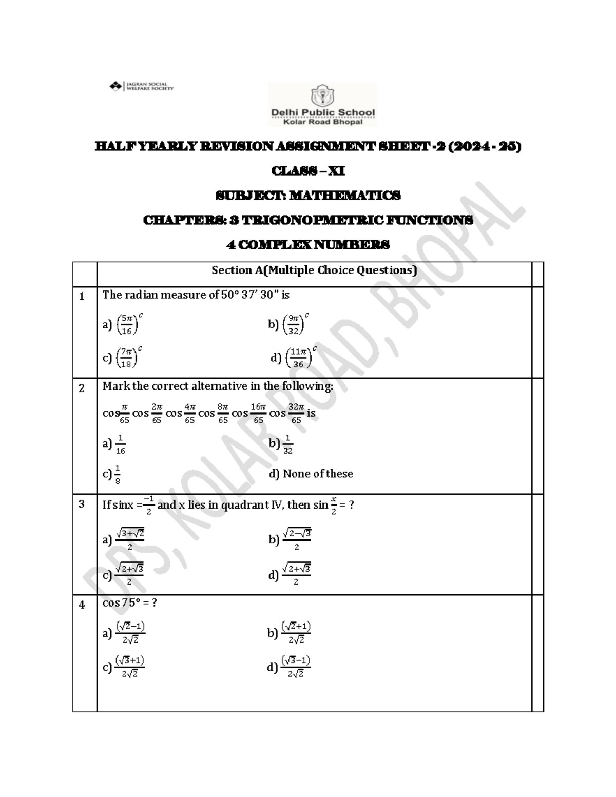HY Revision Assignment Sheet (2024-25) Class XI Math Chapters 3 & 4 ...