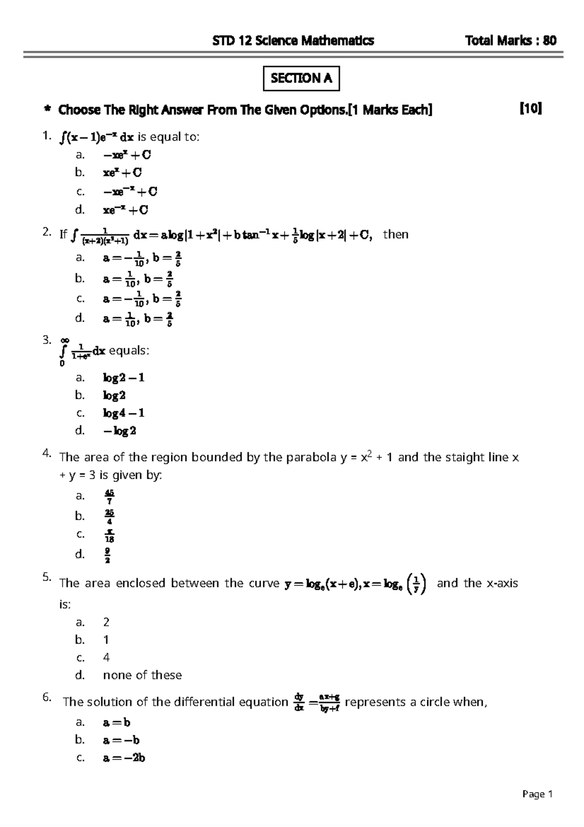 STD 12 Maths Paper: Total Marks 80 - Comprehensive Exam Review - Studocu