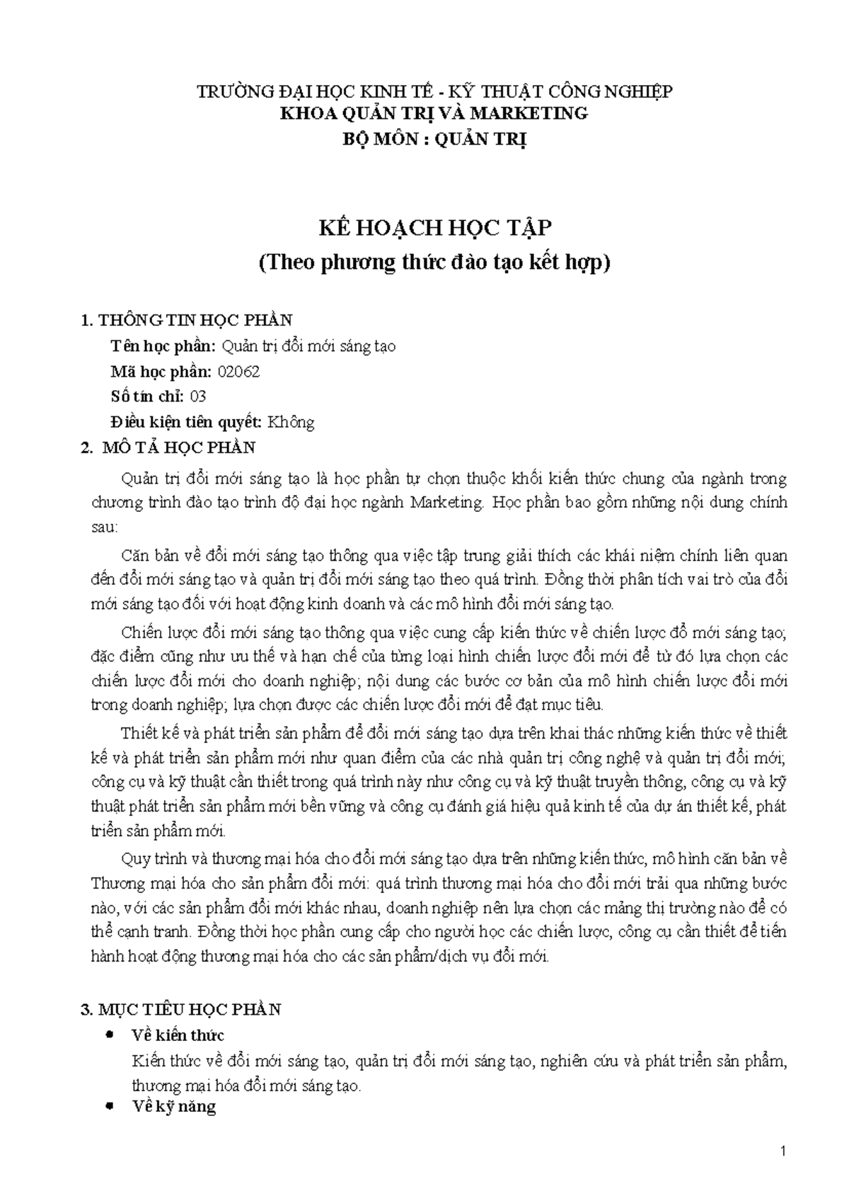 KHHT Quản trị đổi mới sáng tạo (Blended Learning) Ver02 - TRƯỜNG ĐẠI ...