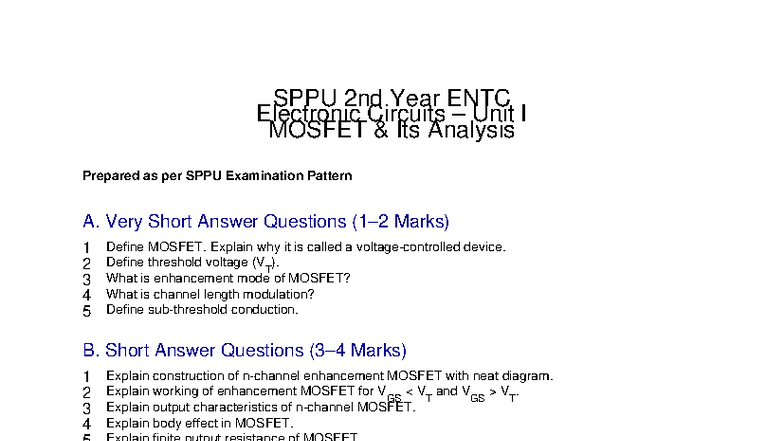 SPPU 2nd Year ENTC Electronic Circuits Unit I MOSFET Theory & QA - Studocu