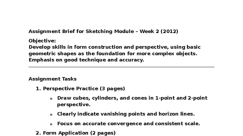 Sketching Module Week 2 Assignment Brief (2012) - Studocu