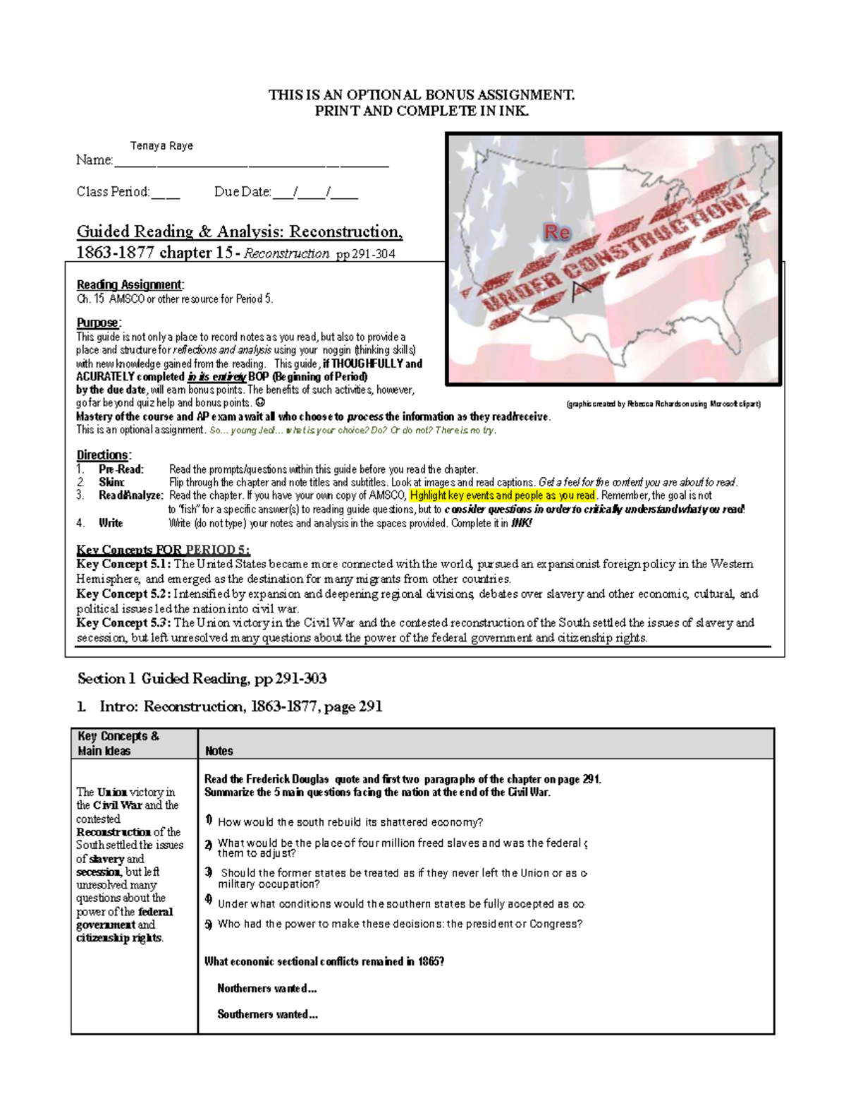 Guided Reading & Analysis: Reconstruction (1863-1877) - Chapter 15 ...