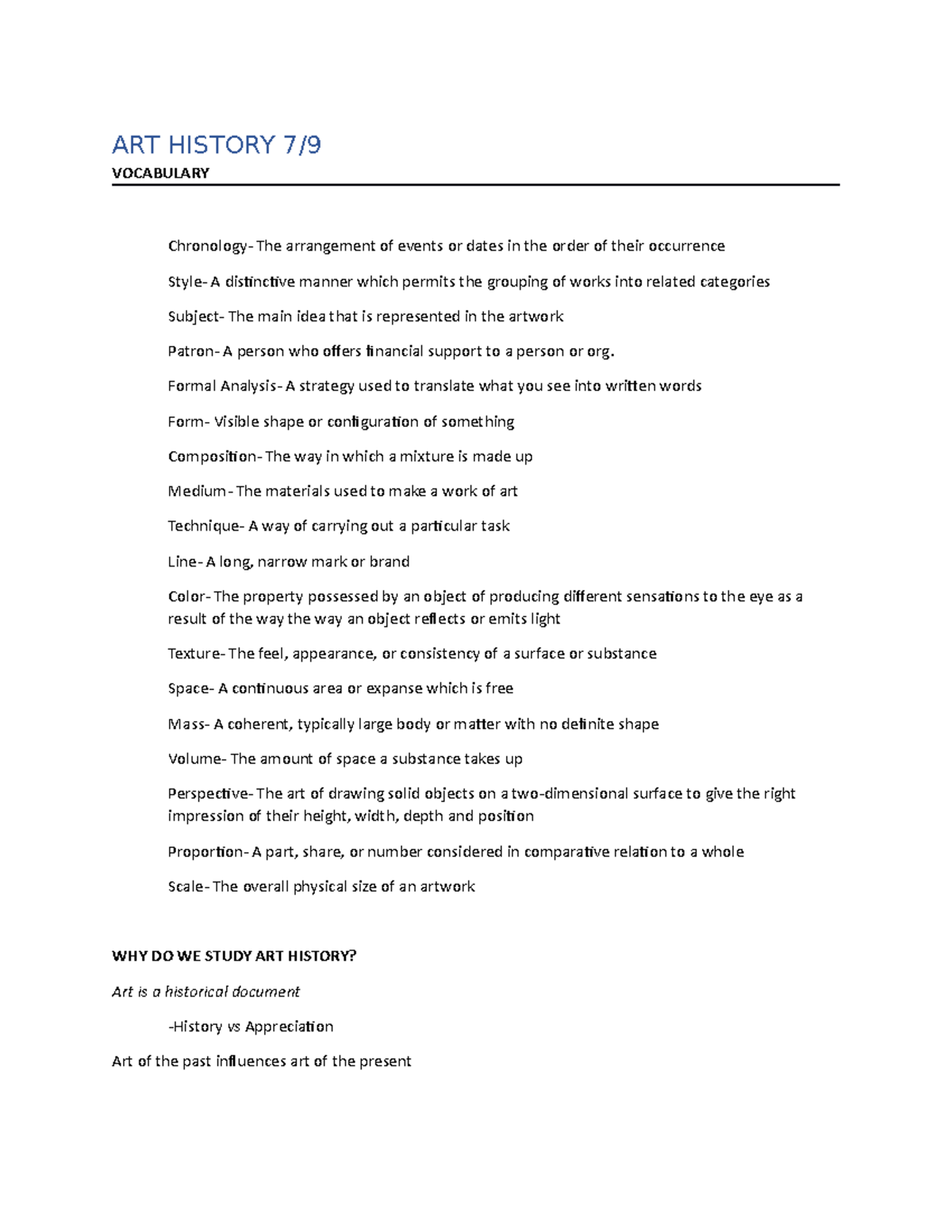 ART History semester 1 notes - ART HISTORY 7/ VOCABULARY Chronology ...