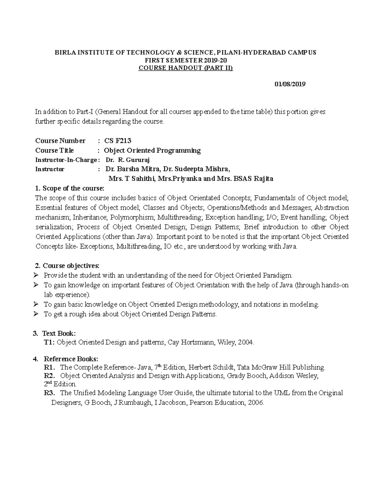 CS F213 - Course Handout - BIRLA INSTITUTE OF TECHNOLOGY & SCIENCE ... CS F213 - Course Handout - BIRLA INSTITUTE OF TECHNOLOGY & SCIENCE ...