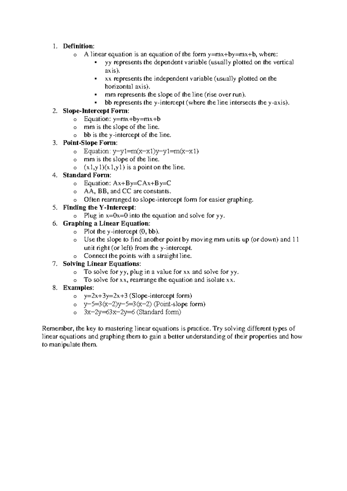 Yr 9 Linear Equations Cheat Sheet: Definitions & Graphing Tips - Studocu